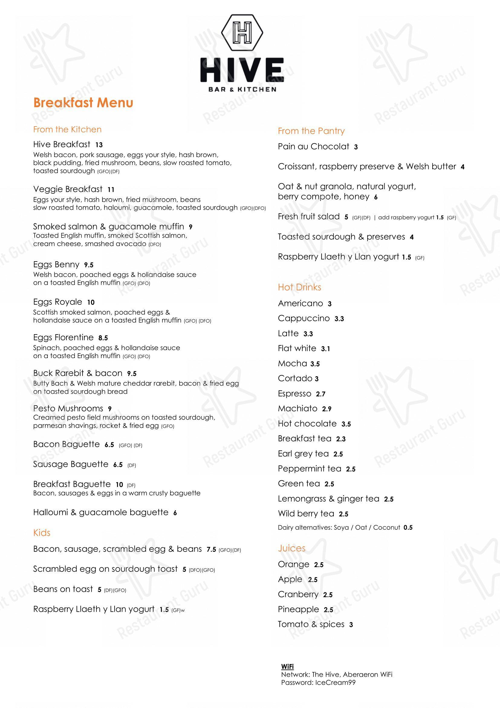 Menu at The Hive restaurant, Aberaeron