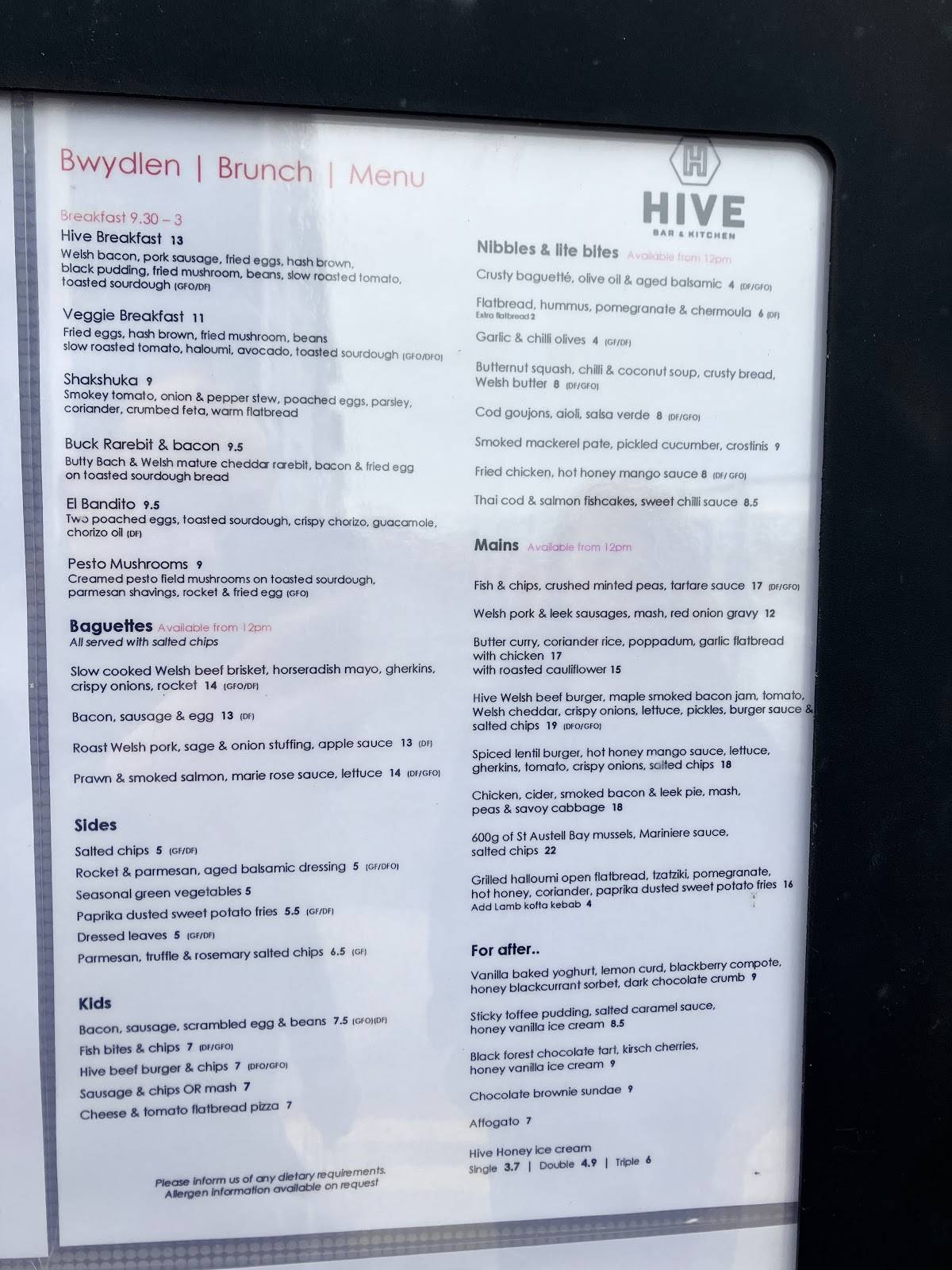 Menu at The Hive restaurant, Aberaeron