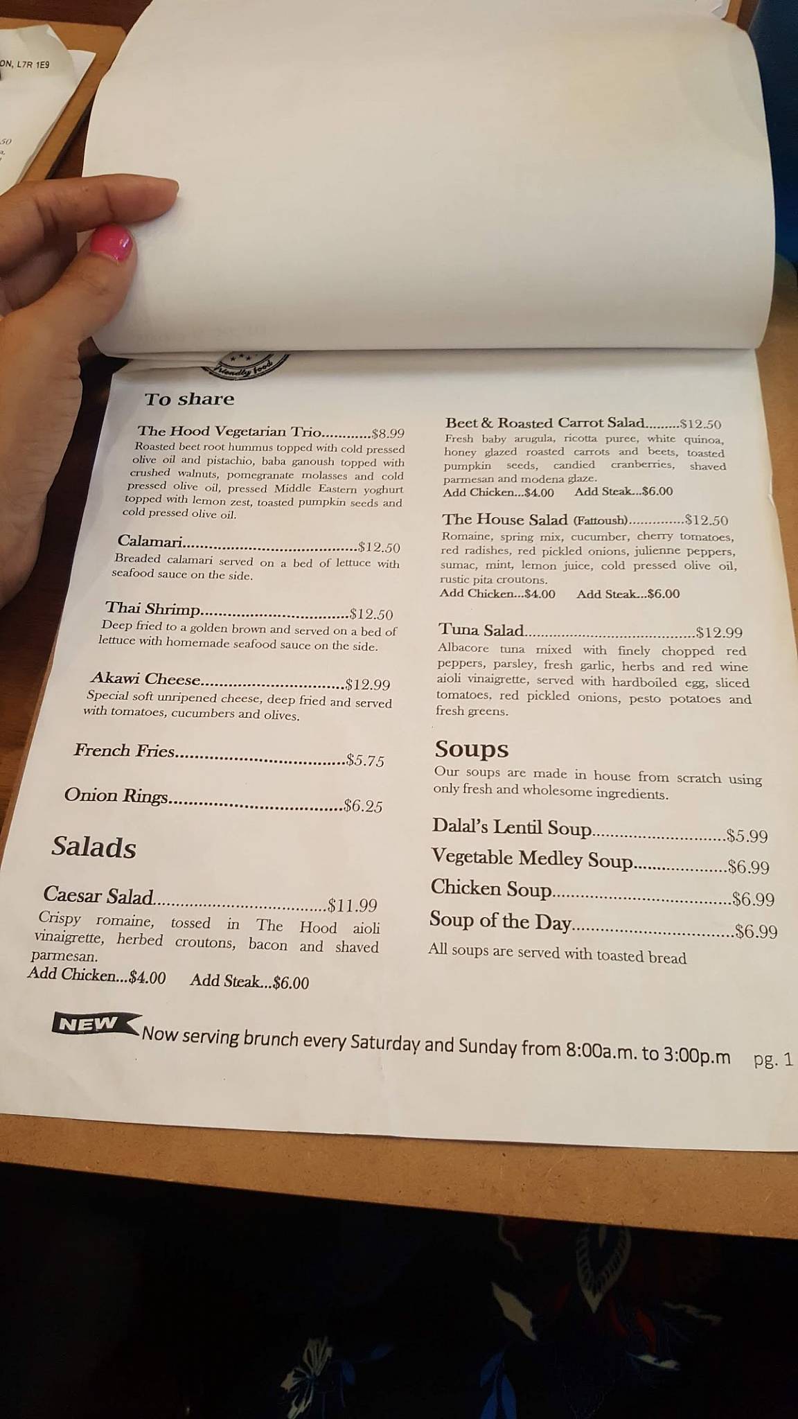 Menu at The Hood restaurant, Burlington