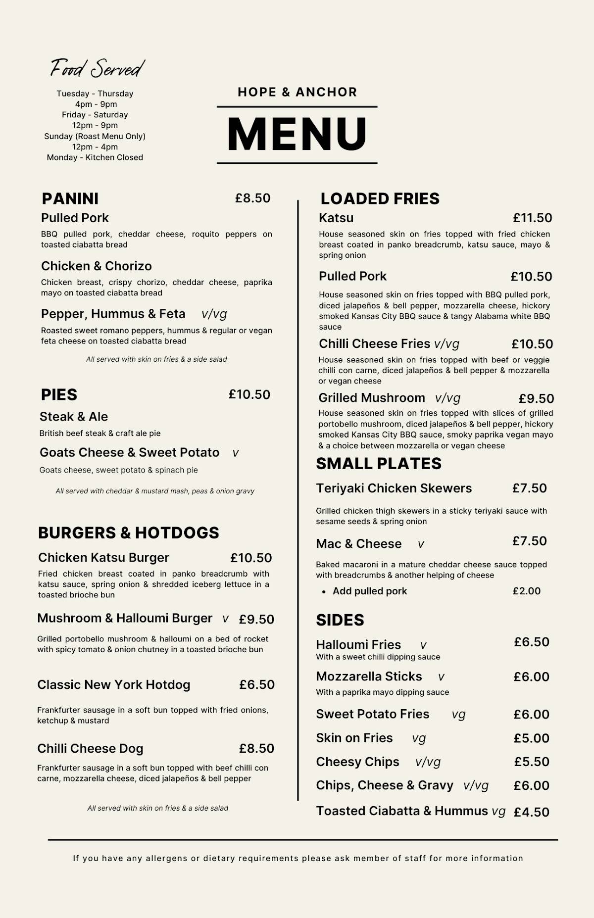 Menu at The Hope & Anchor pub & bar, Bristol, 38 Jacob's Wells Rd