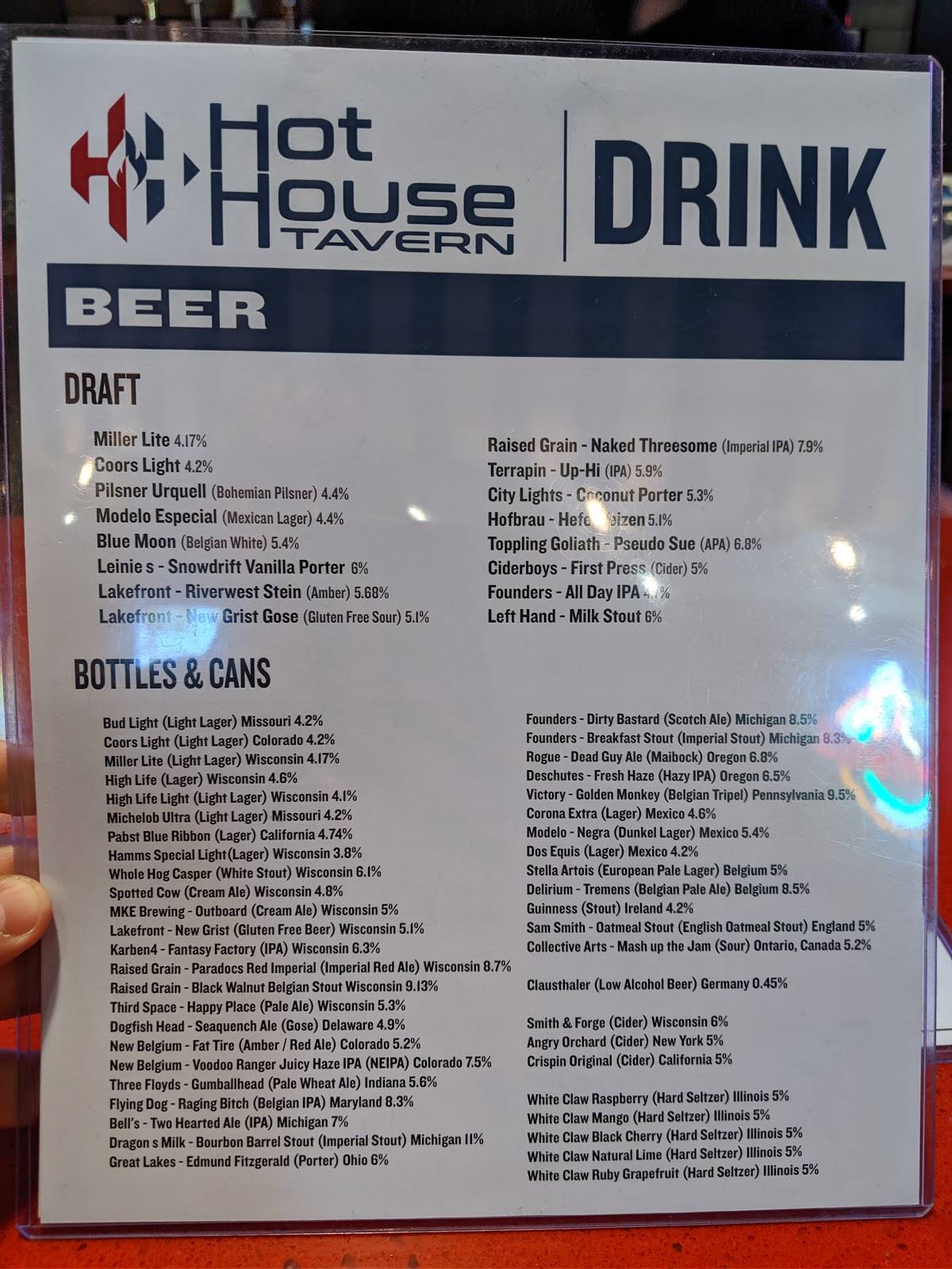 Menu at The Hot House Tavern restaurant, Menomonee Falls