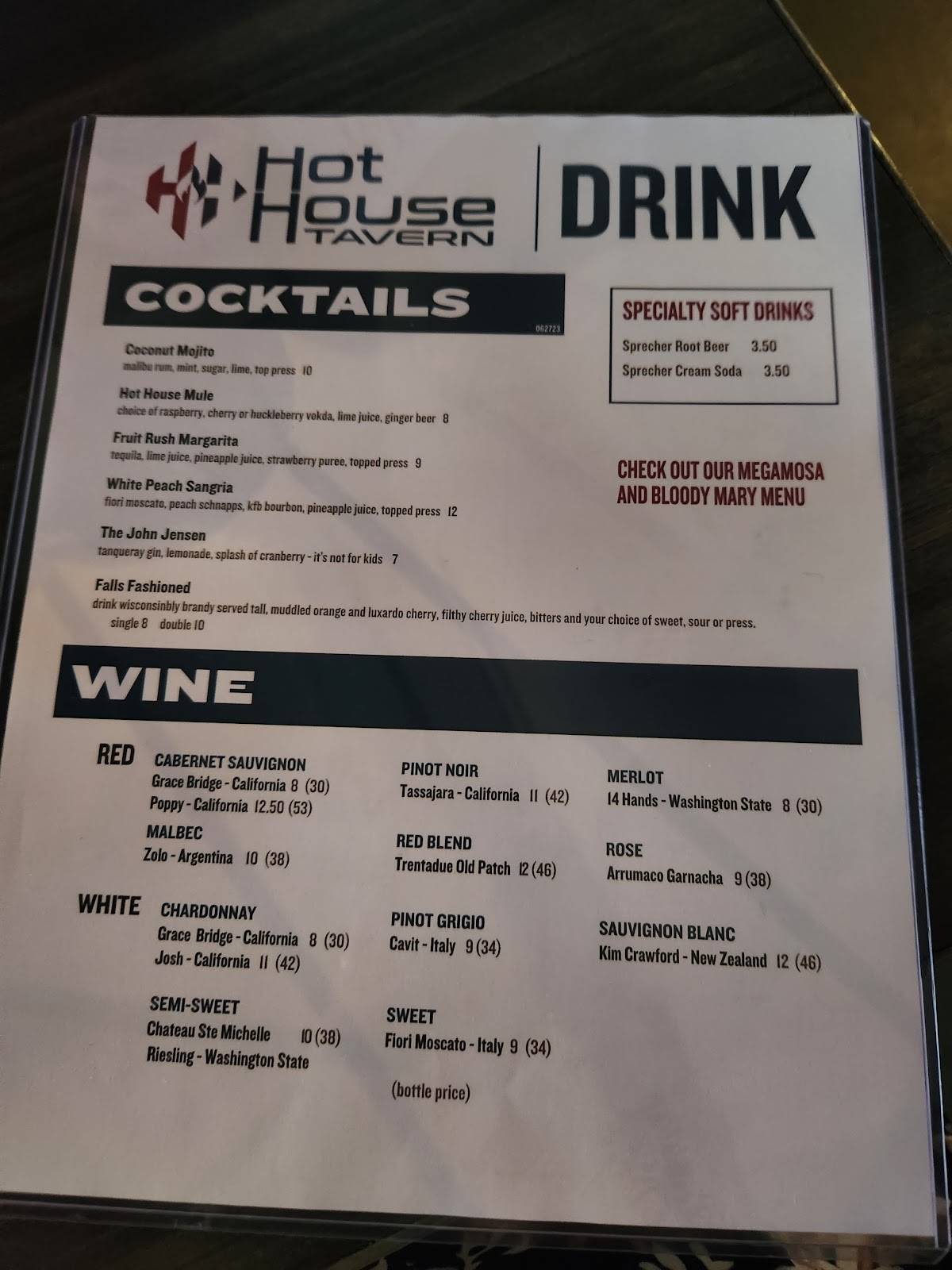 Menu at The Hot House Tavern restaurant, Menomonee Falls