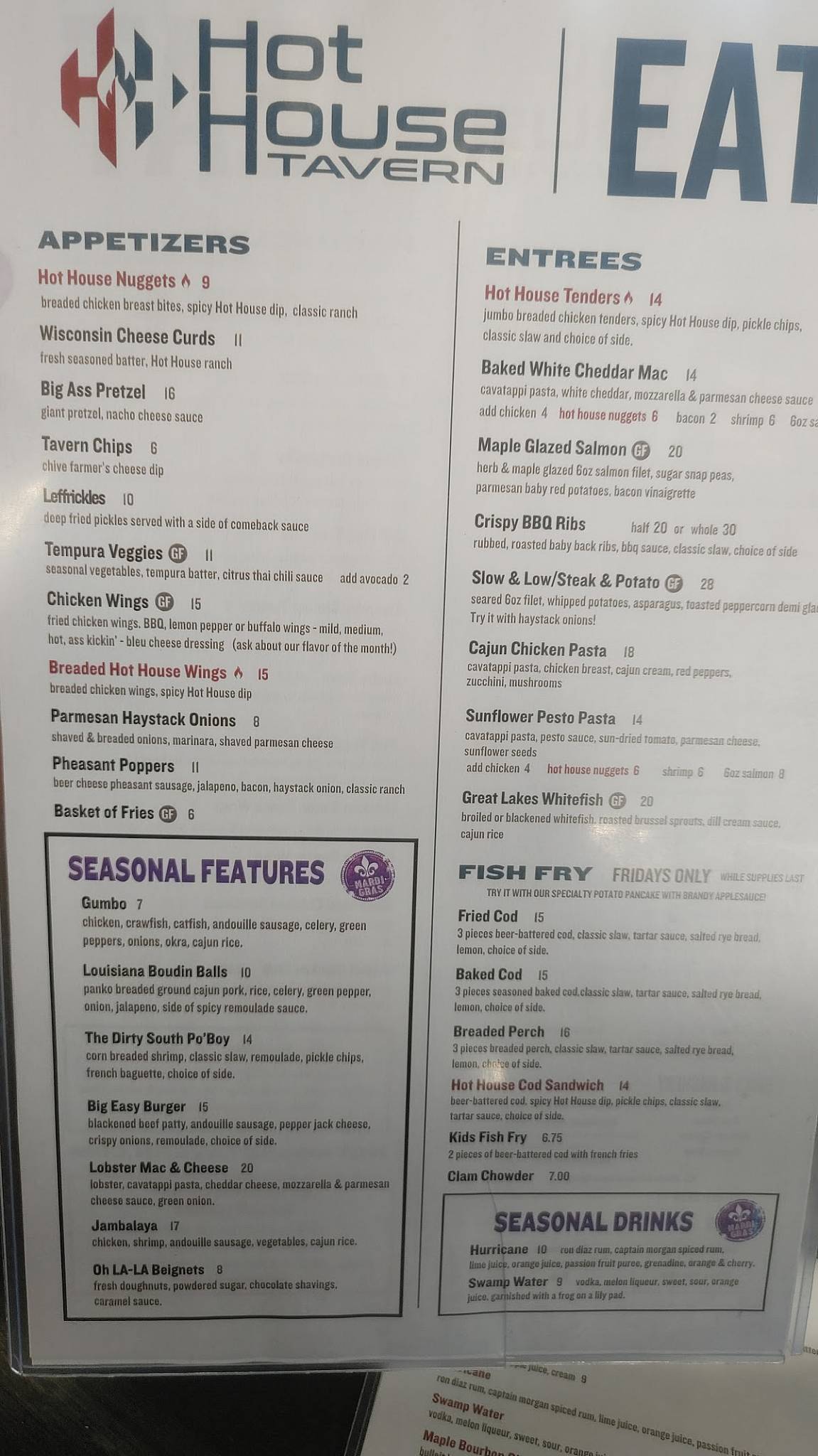 Menu at The Hot House Tavern restaurant, Menomonee Falls