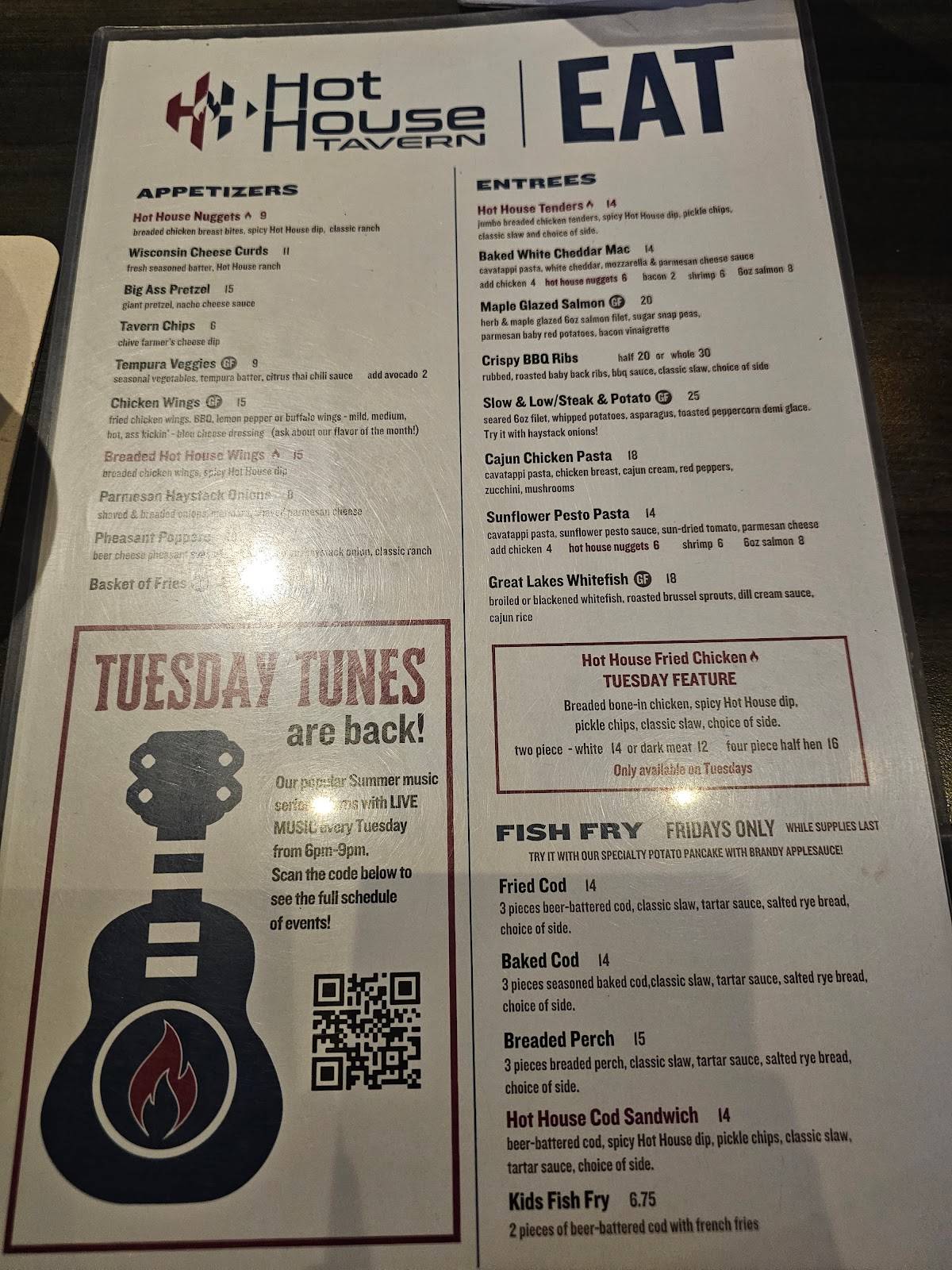 Menu at The Hot House Tavern restaurant, Menomonee Falls