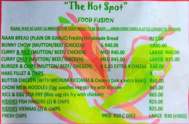 Menu at The Hot Spot restaurant, Richards Bay, Shop 4
