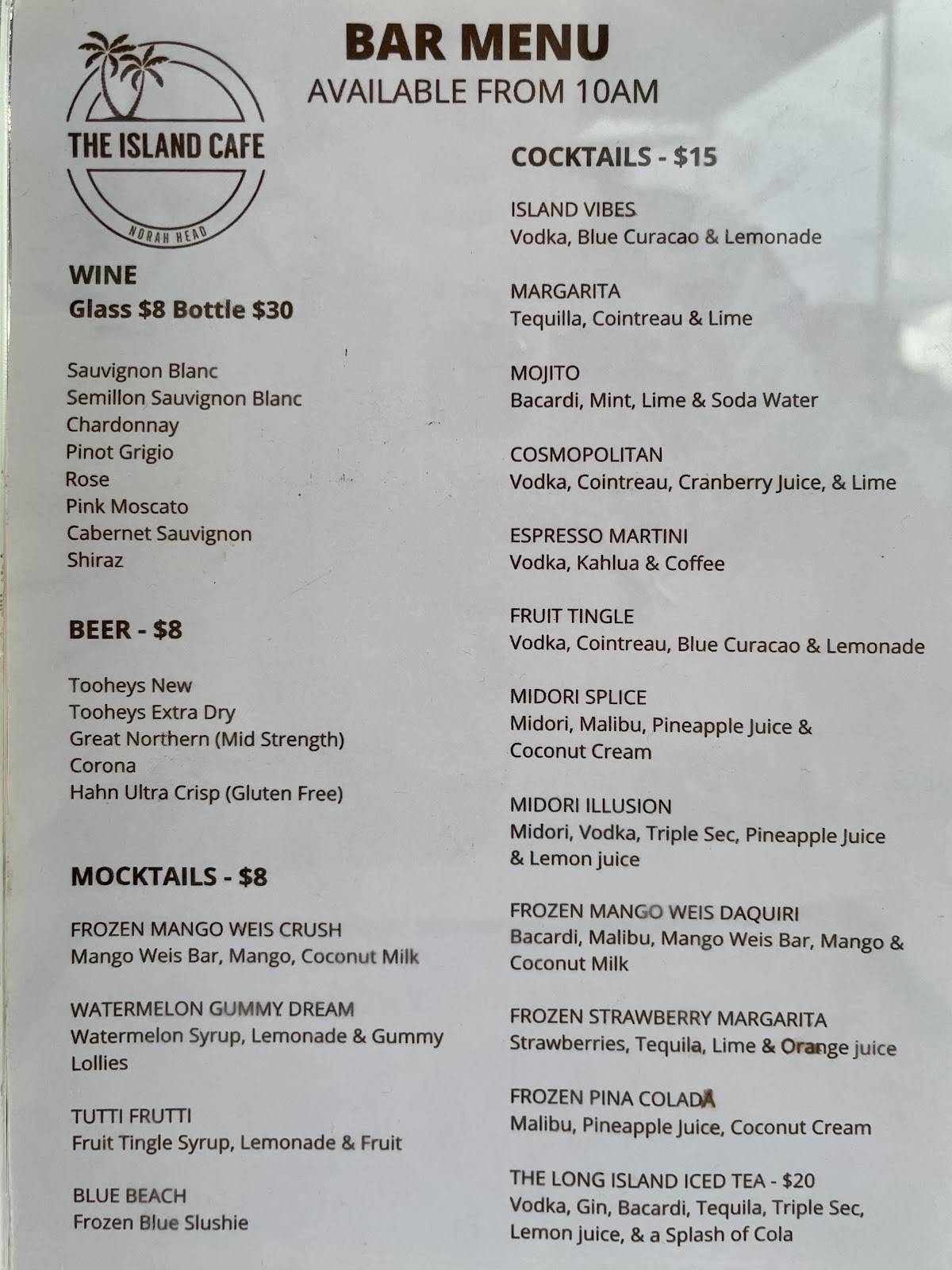Menu at The Island Cafe, Norah Head