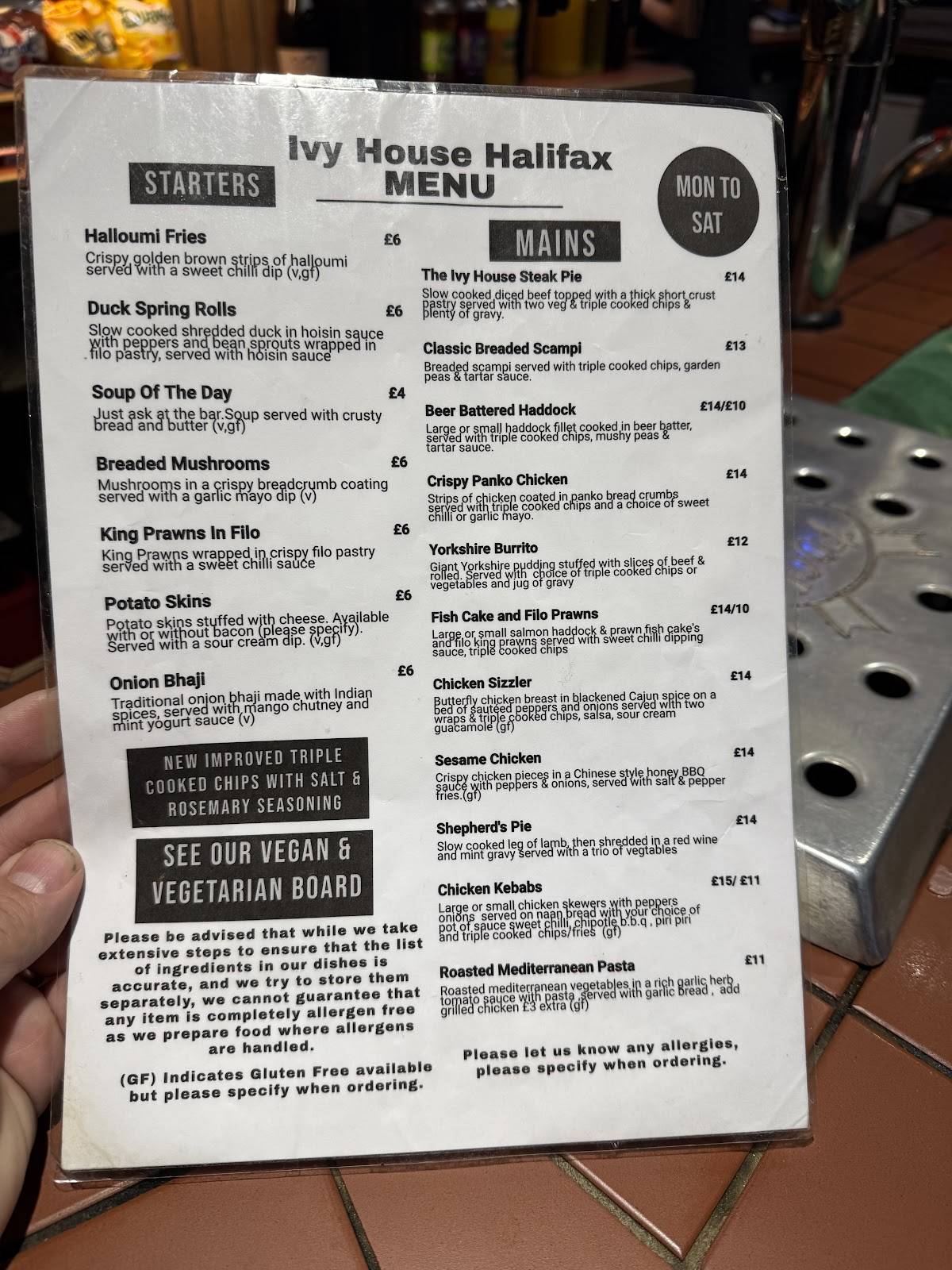 Menu at The Ivy House pub & bar, Halifax