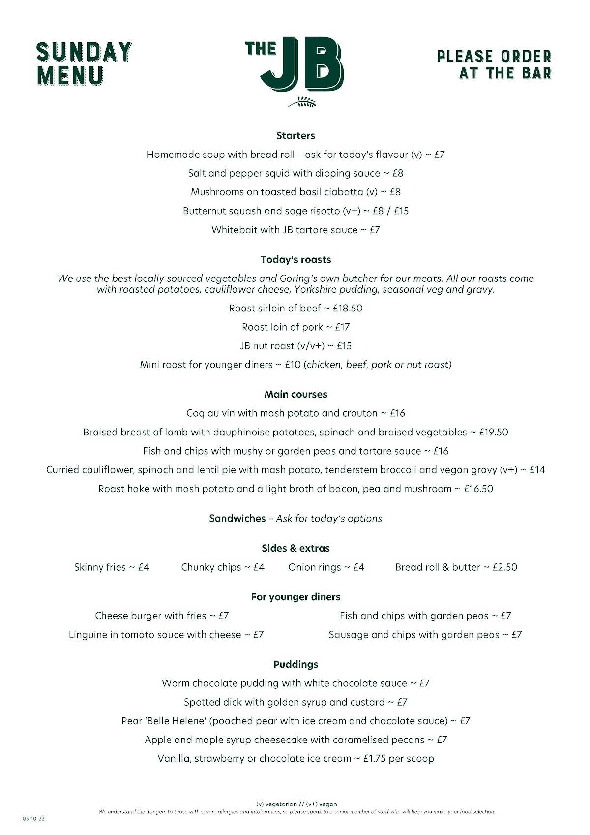Menu at The John Barleycorn Pub & Rooms, Goring