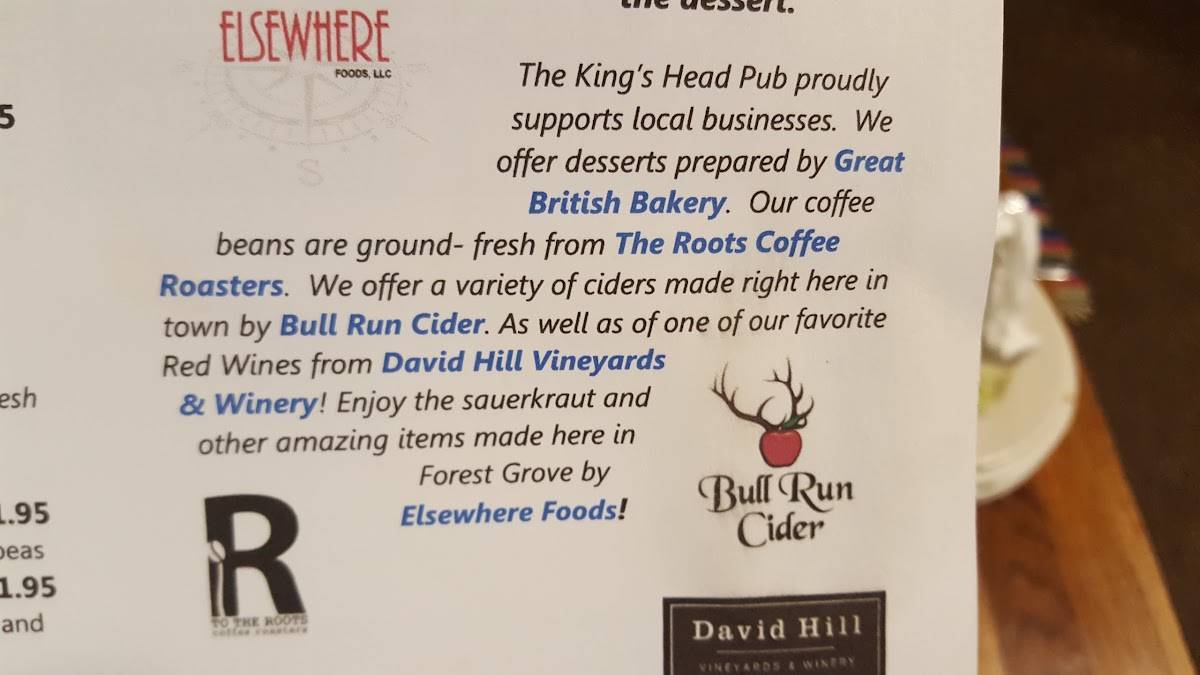 Menu at The King's Head Pub, Forest Grove