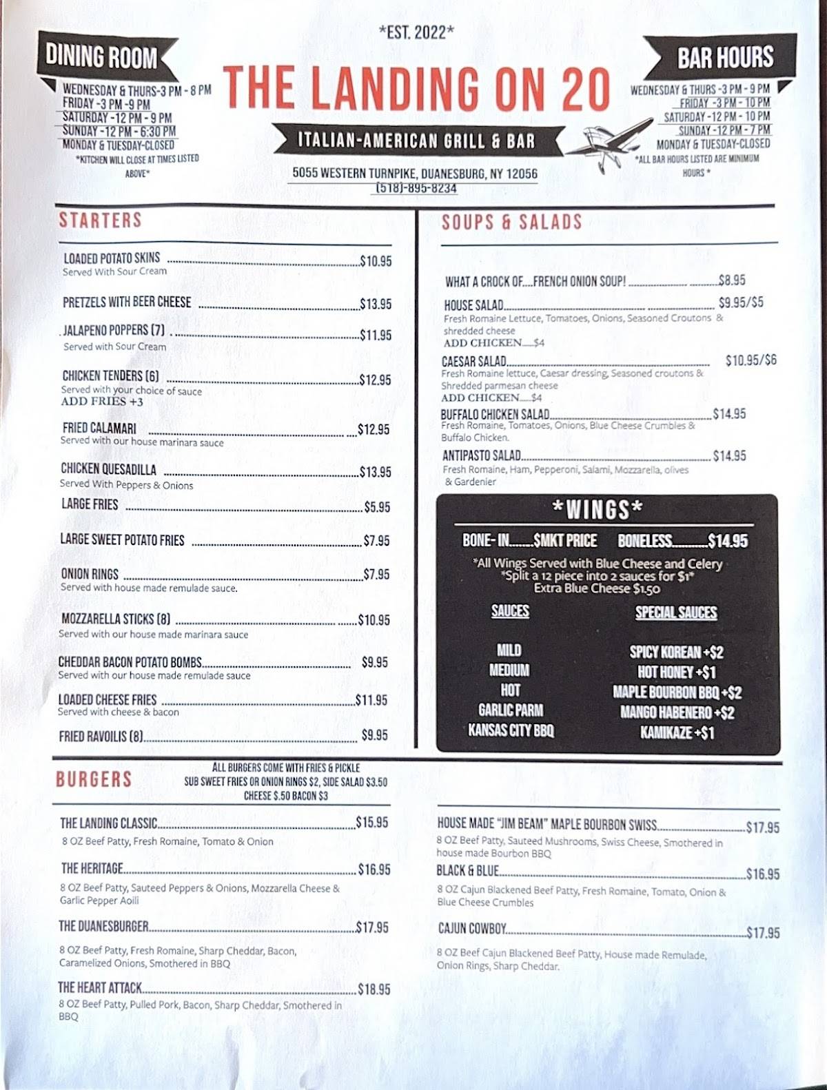 Menu at The Landing On 20 pub & bar, Duanesburg, Western Turnpike