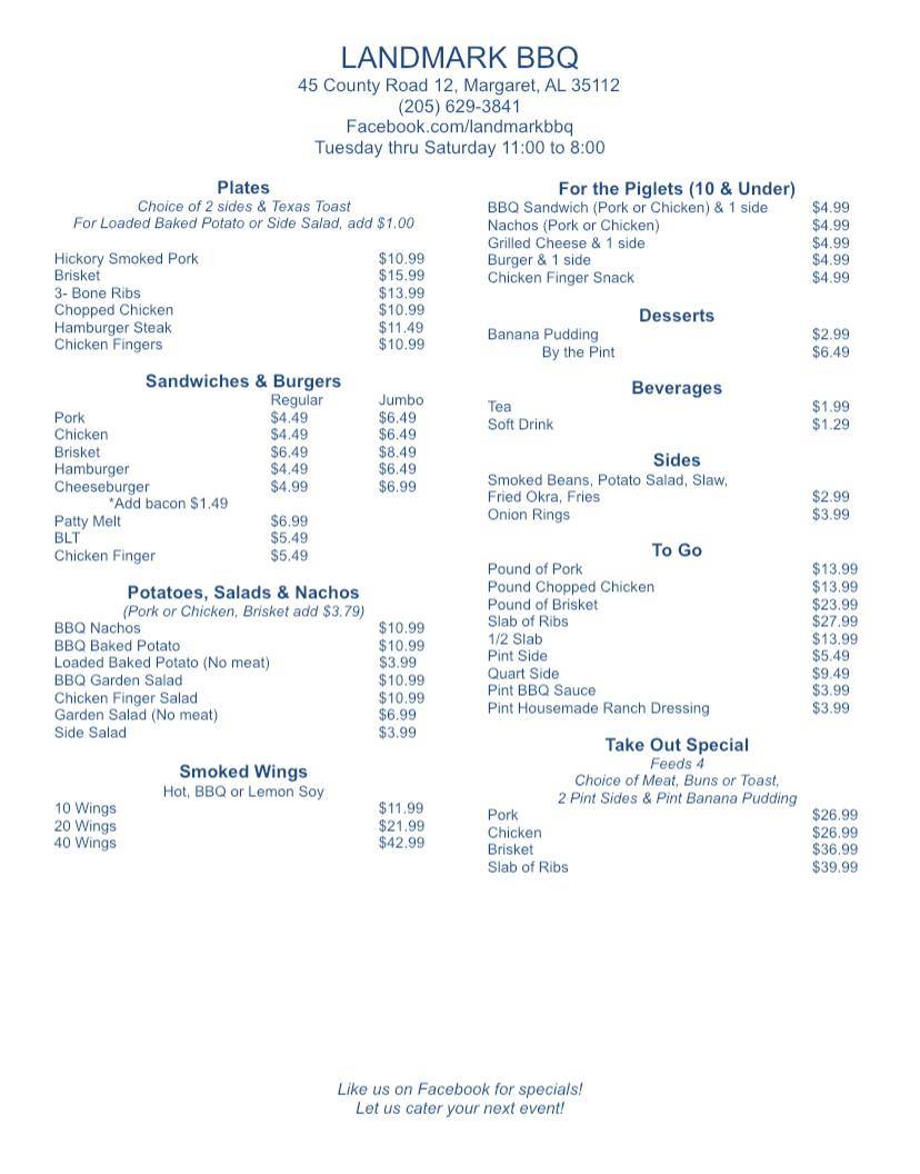 Menu at Landmark BBQ, Odenville, 45 Co Rd 12