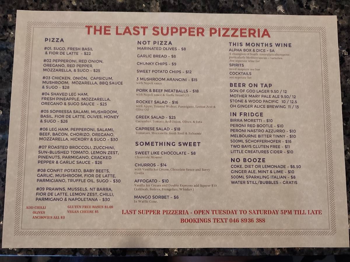 Carta del pub y bar The Last Supper Pizzarella, Darwin