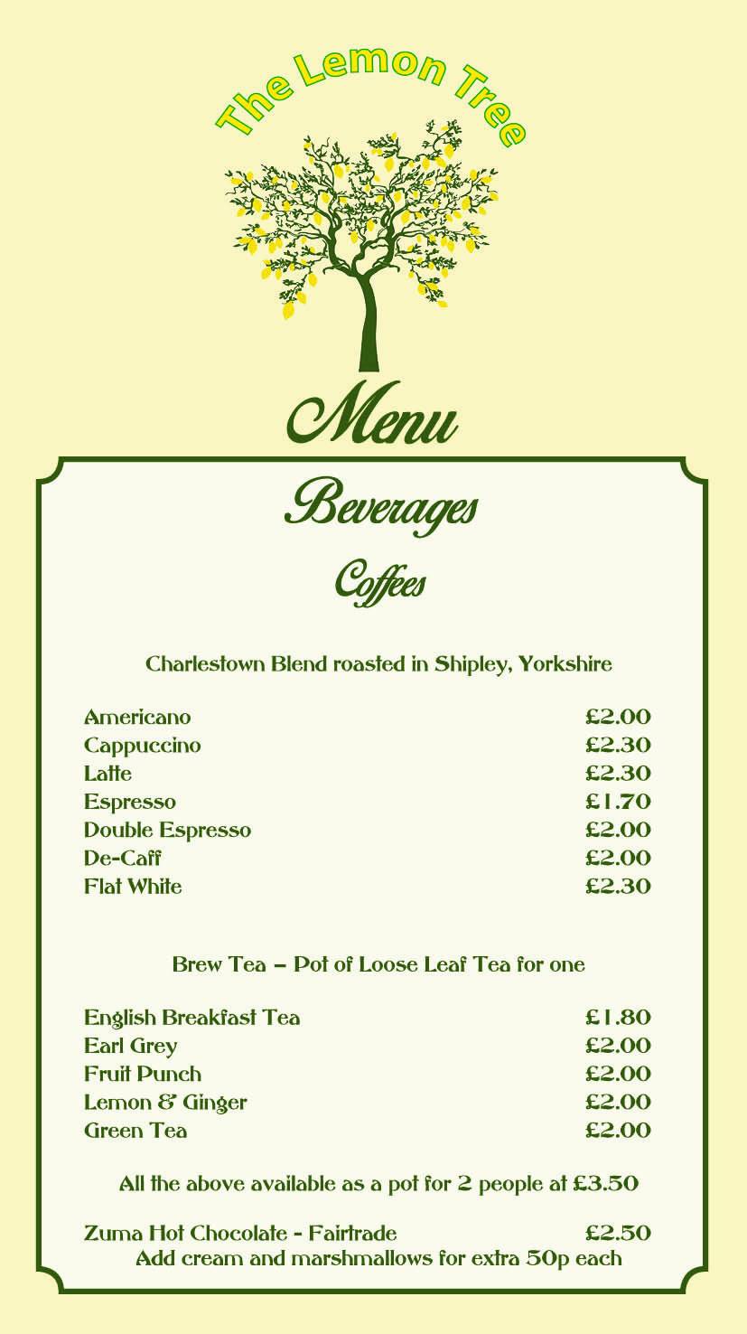 Menu at The Lemon Tree cafe, Tadcaster