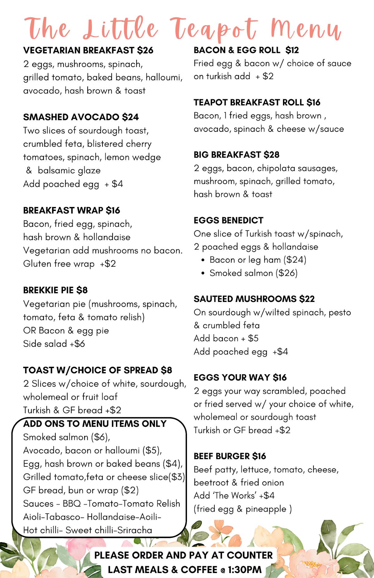 Menu at The Little Teapot restaurant, Davistown