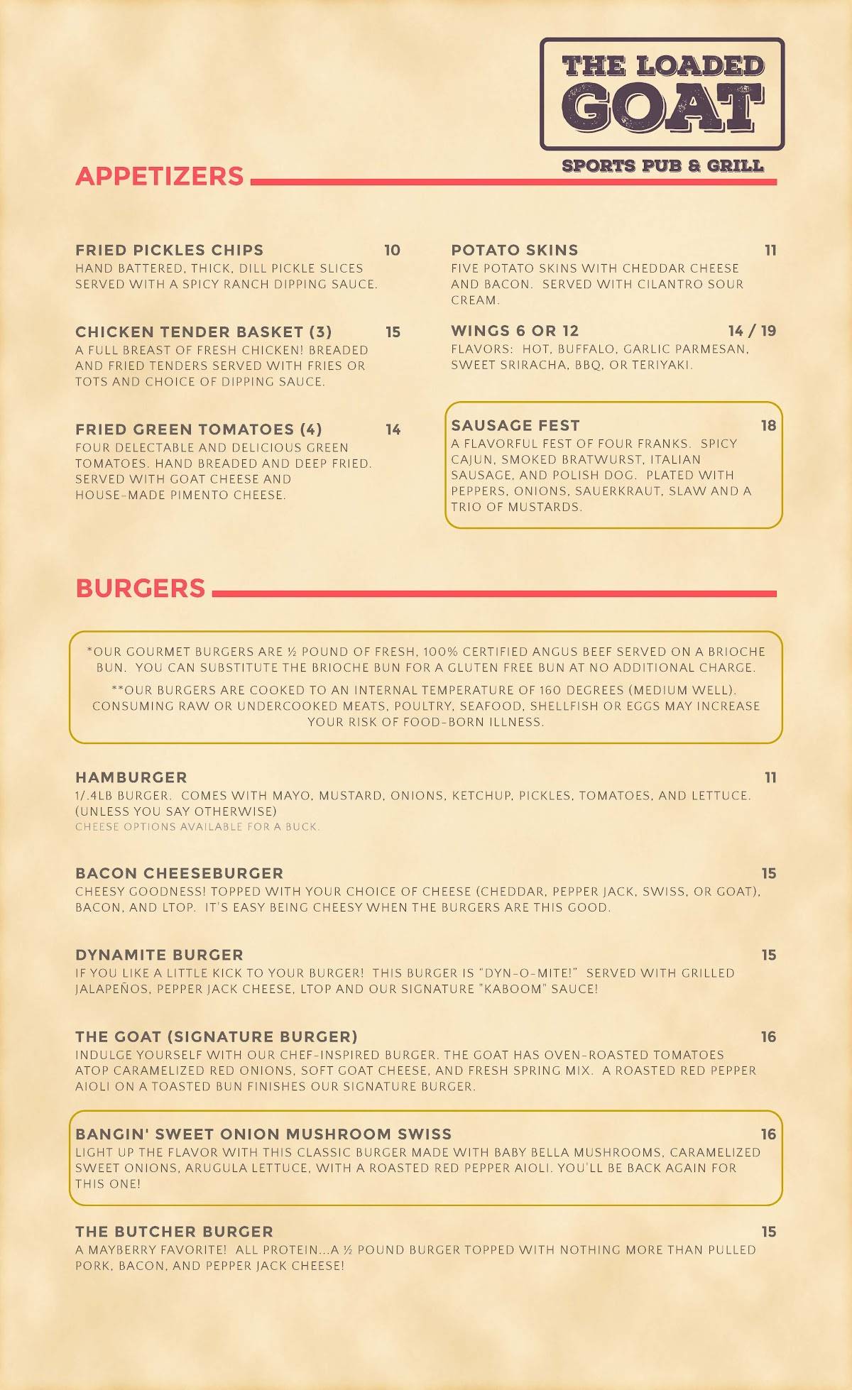 Menu at The Loaded Goat pub & bar, Mount Airy