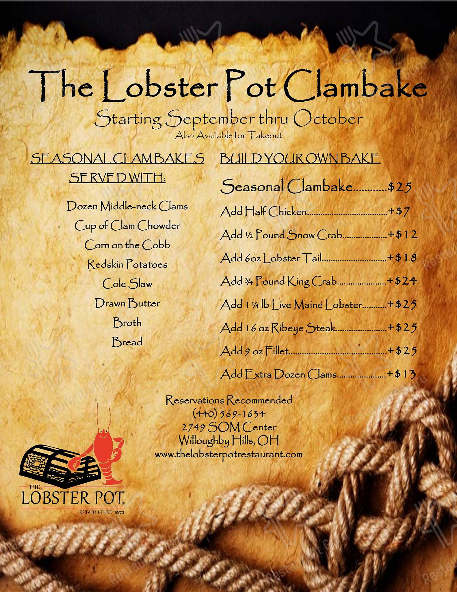 Menu at The Lobster Pot restaurant, Willoughby Hills