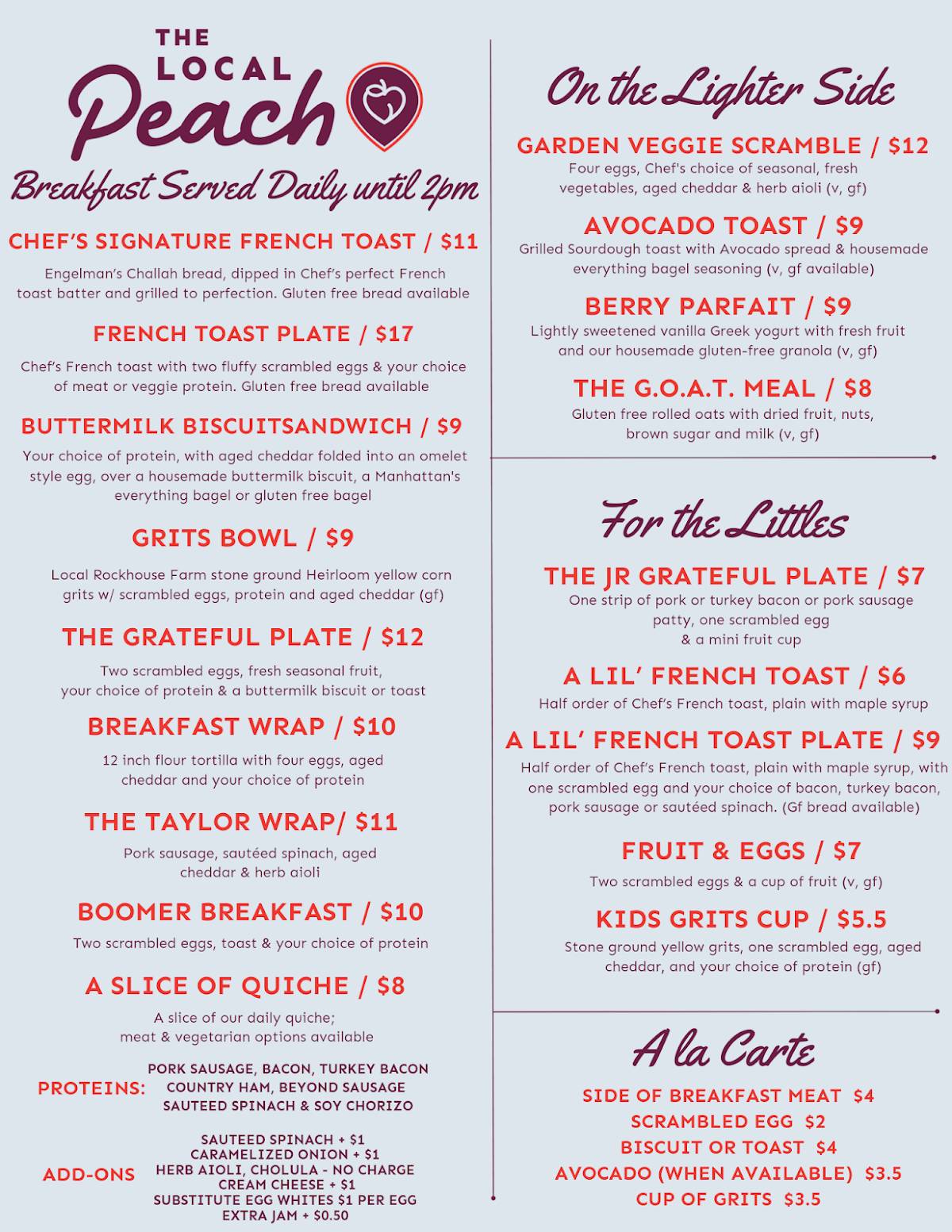 Menu at The Local Peach restaurant, Norcross