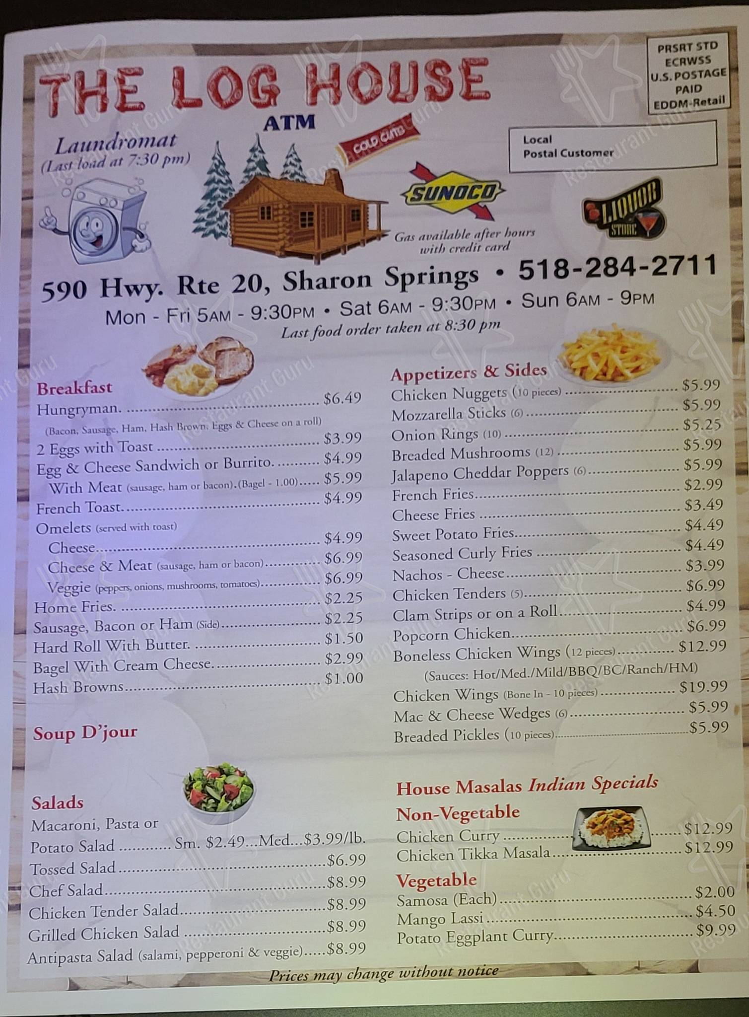 Menu at The Log House, Sharon Springs