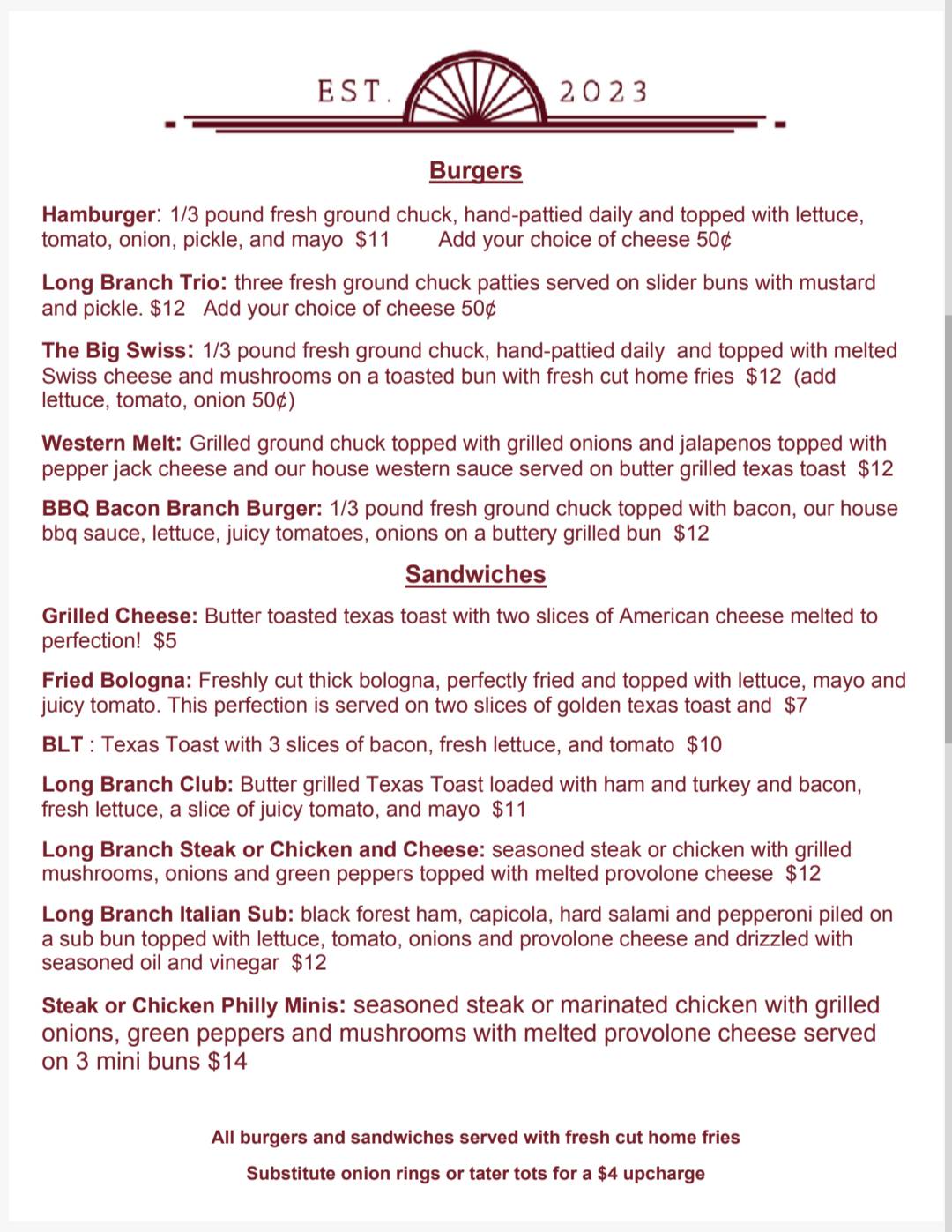 Menu at The Long Branch Saloon and Grill pub & bar, Newport