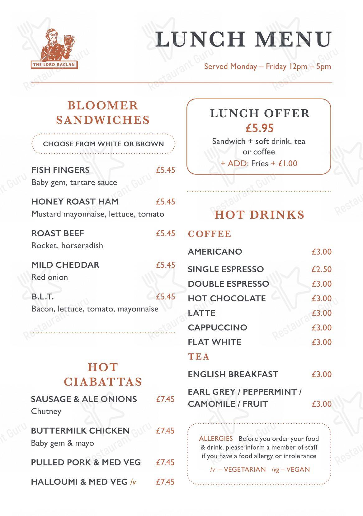 Menu at The Lord Raglan pub & bar, Wokingham, 30 Denmark St