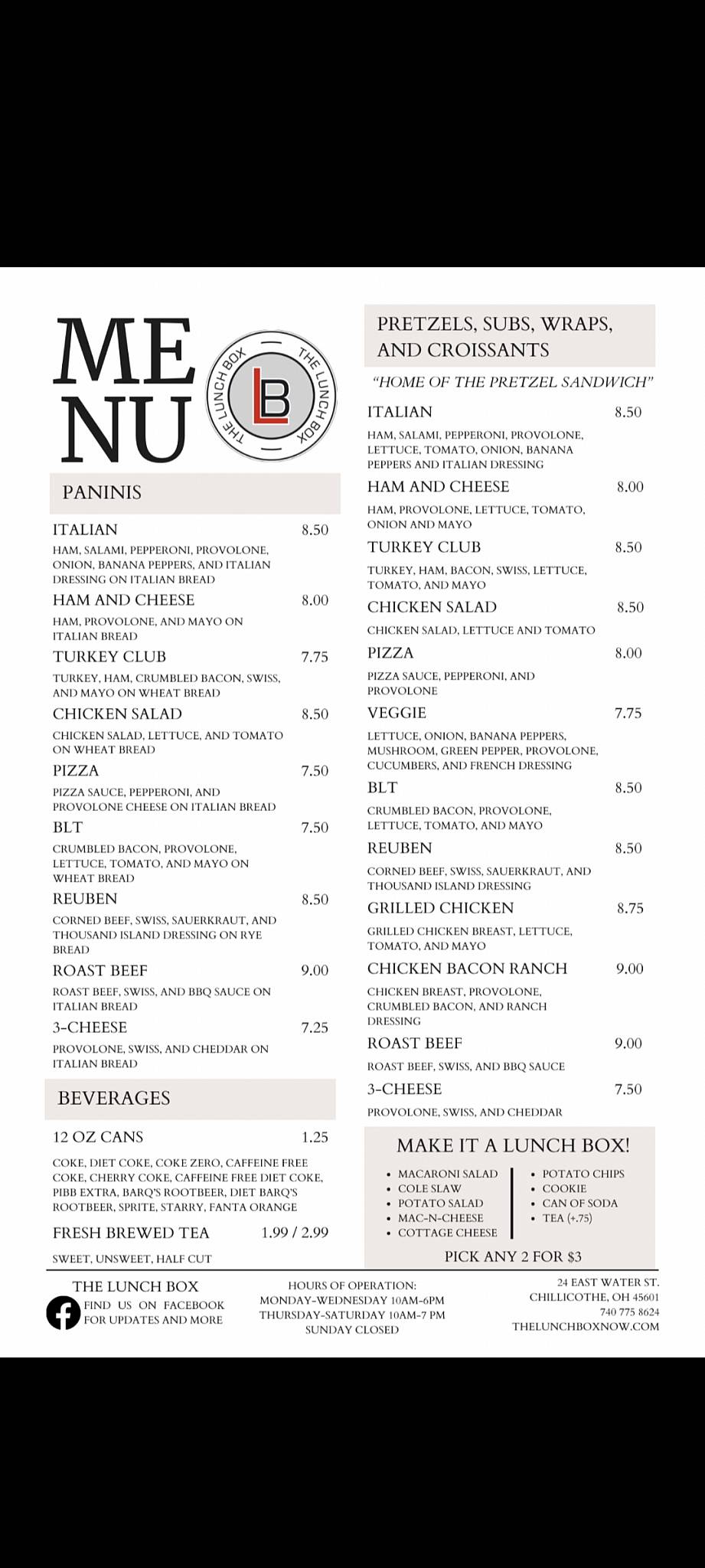 Menu at The Lunch Box restaurant, Chillicothe, 24 E Water St
