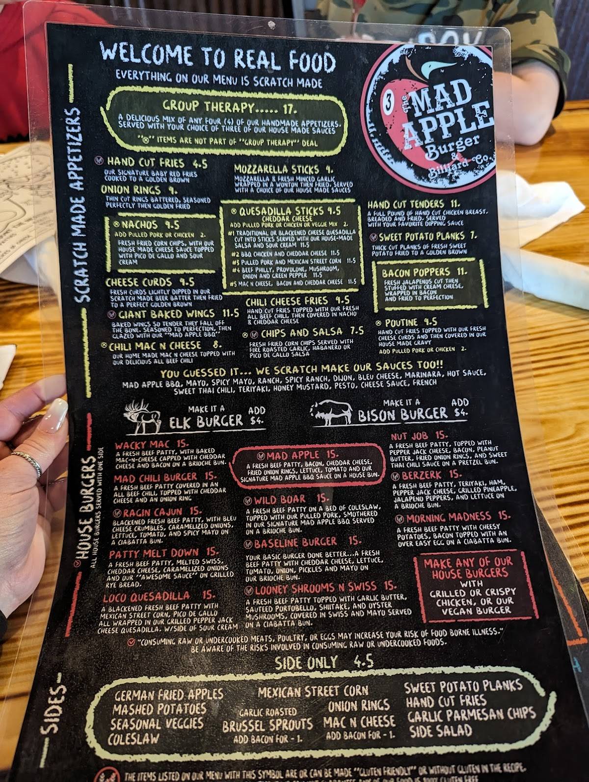 Menu at The Mad Apple Burger & Billiard Co. restaurant, Appleton