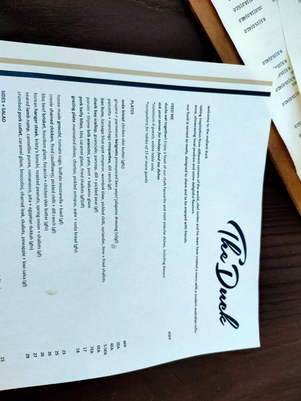 Menu at The Mallard Duck restaurant, Henley Brook
