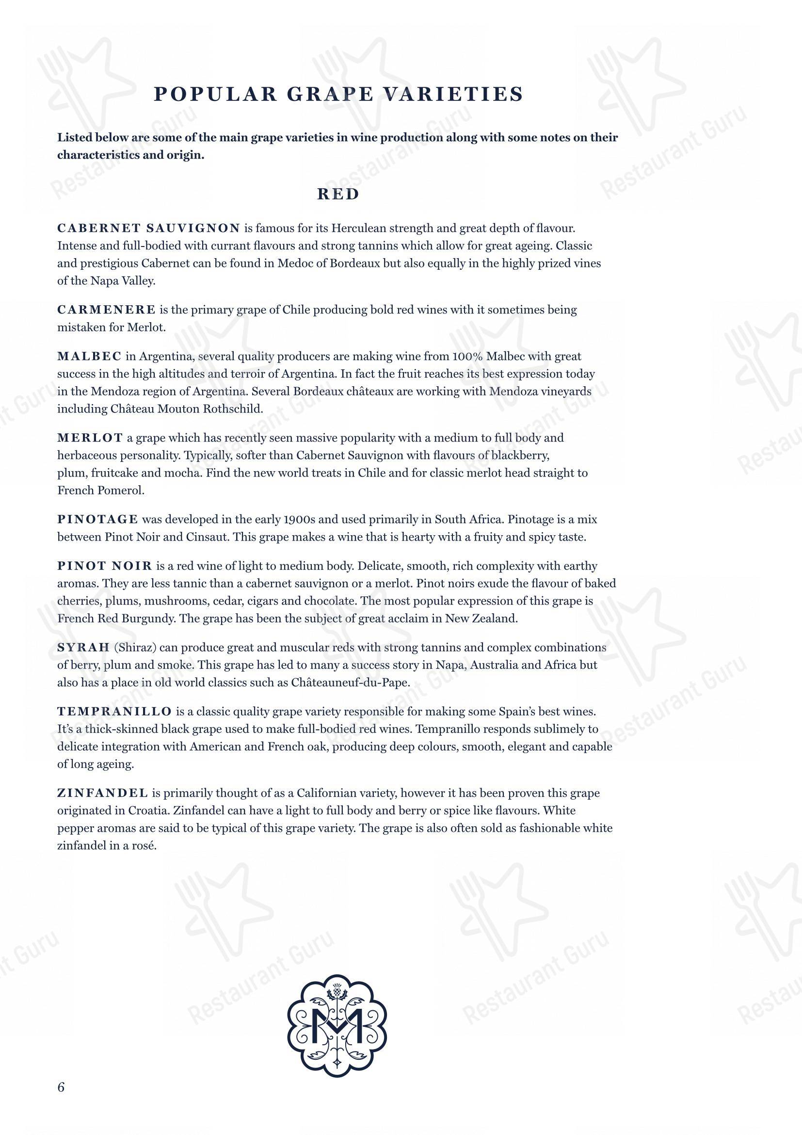 Menu at Marcliffe restaurant, Aberdeen