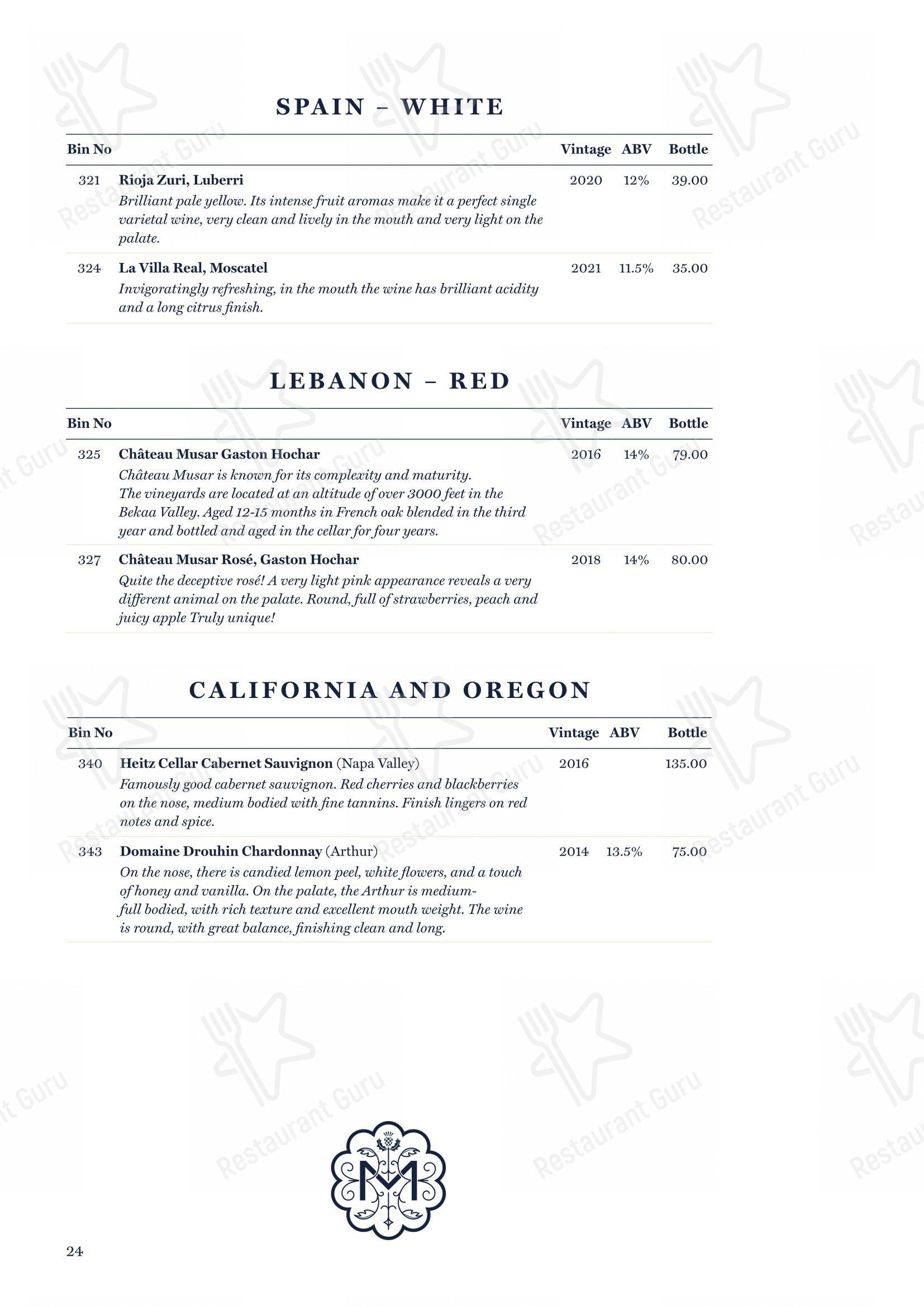 Menu at Marcliffe restaurant, Aberdeen