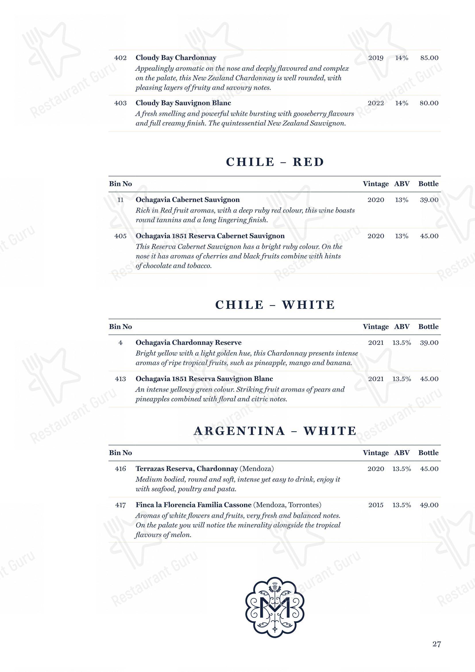 Menu at Marcliffe restaurant, Aberdeen