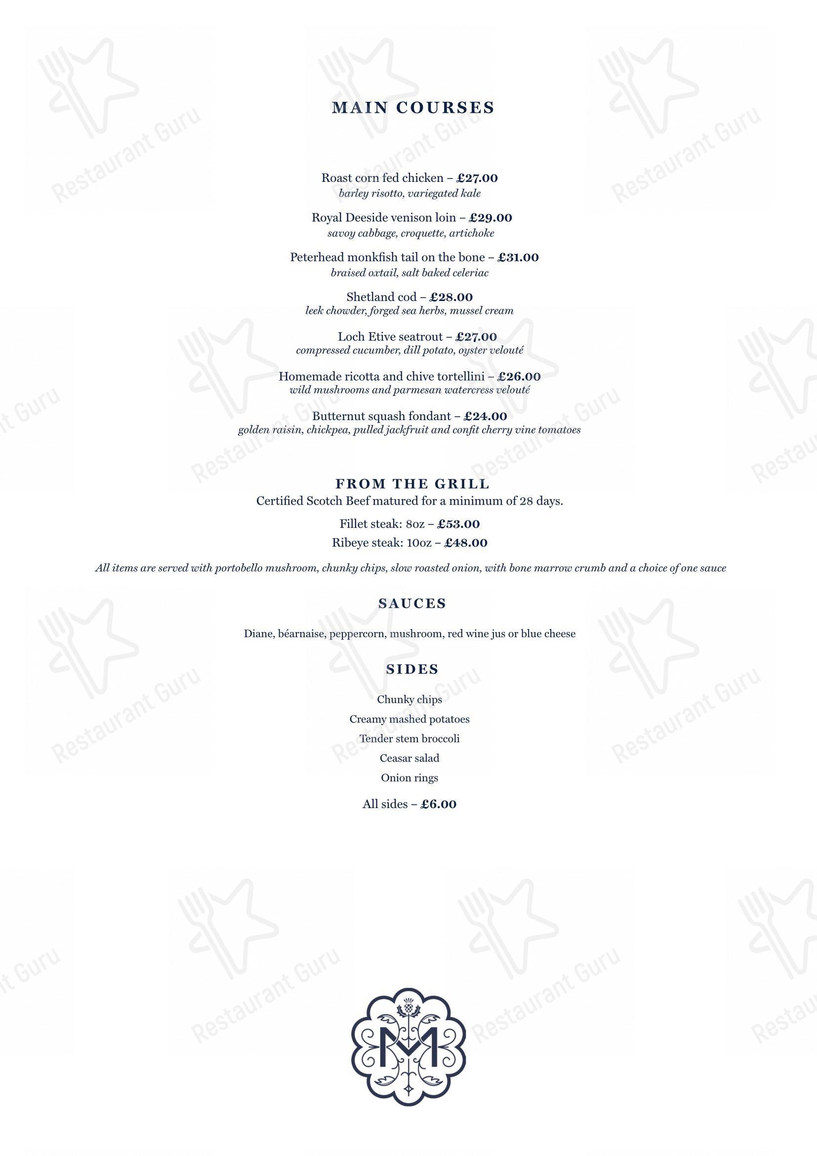 Menu at Marcliffe restaurant, Aberdeen
