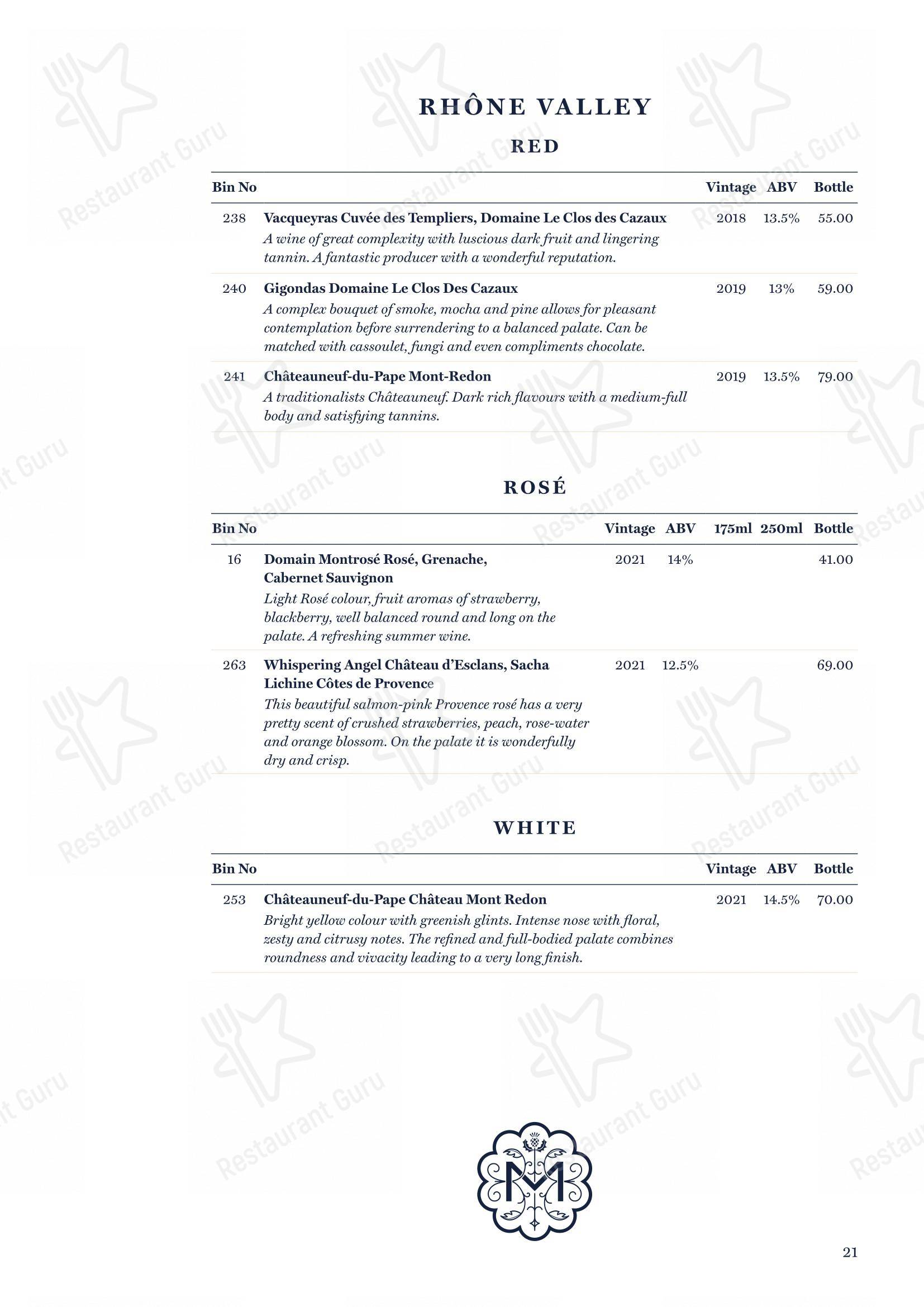 Menu at Marcliffe restaurant, Aberdeen