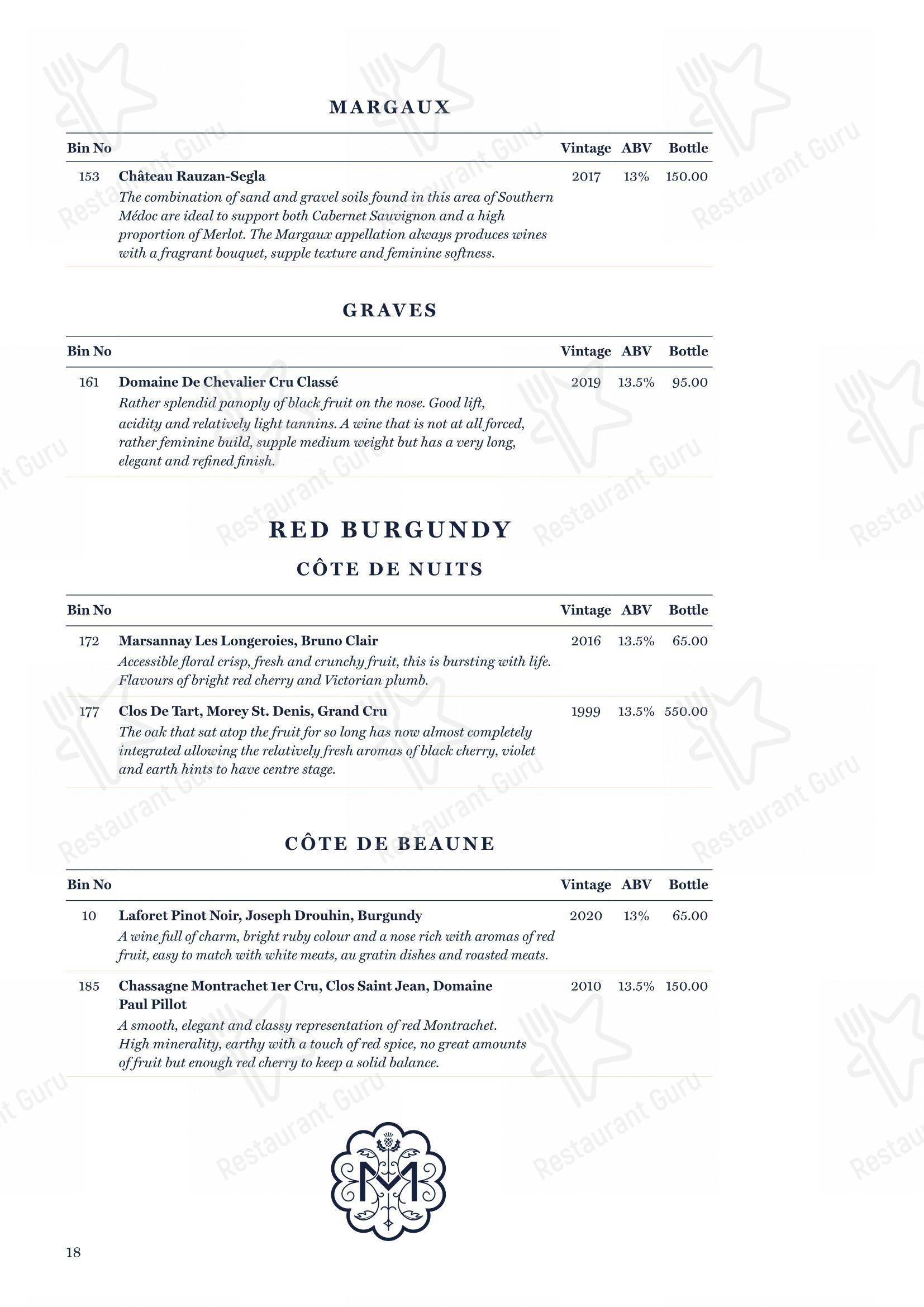 Menu at Marcliffe restaurant, Aberdeen