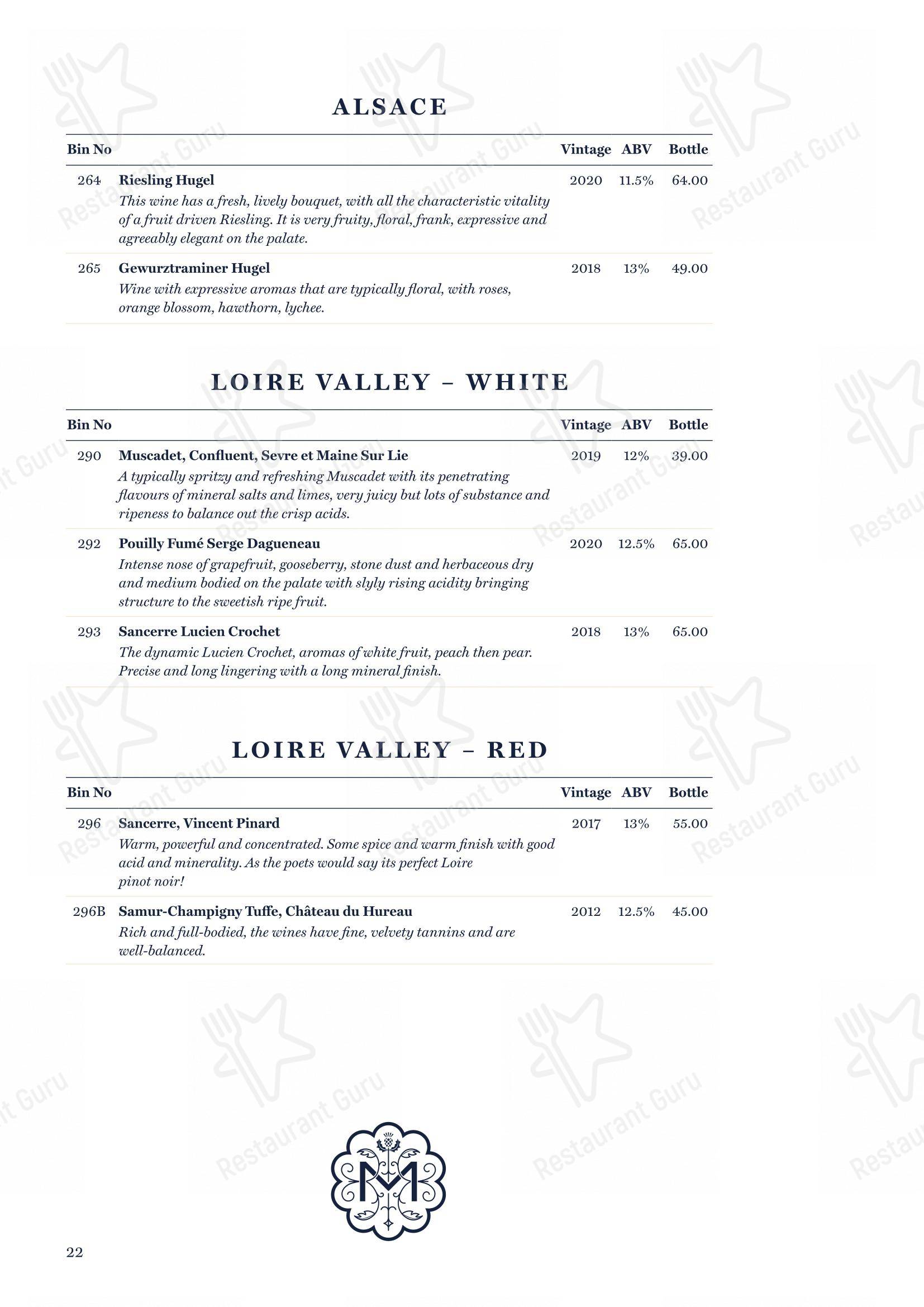 Menu at Marcliffe restaurant, Aberdeen