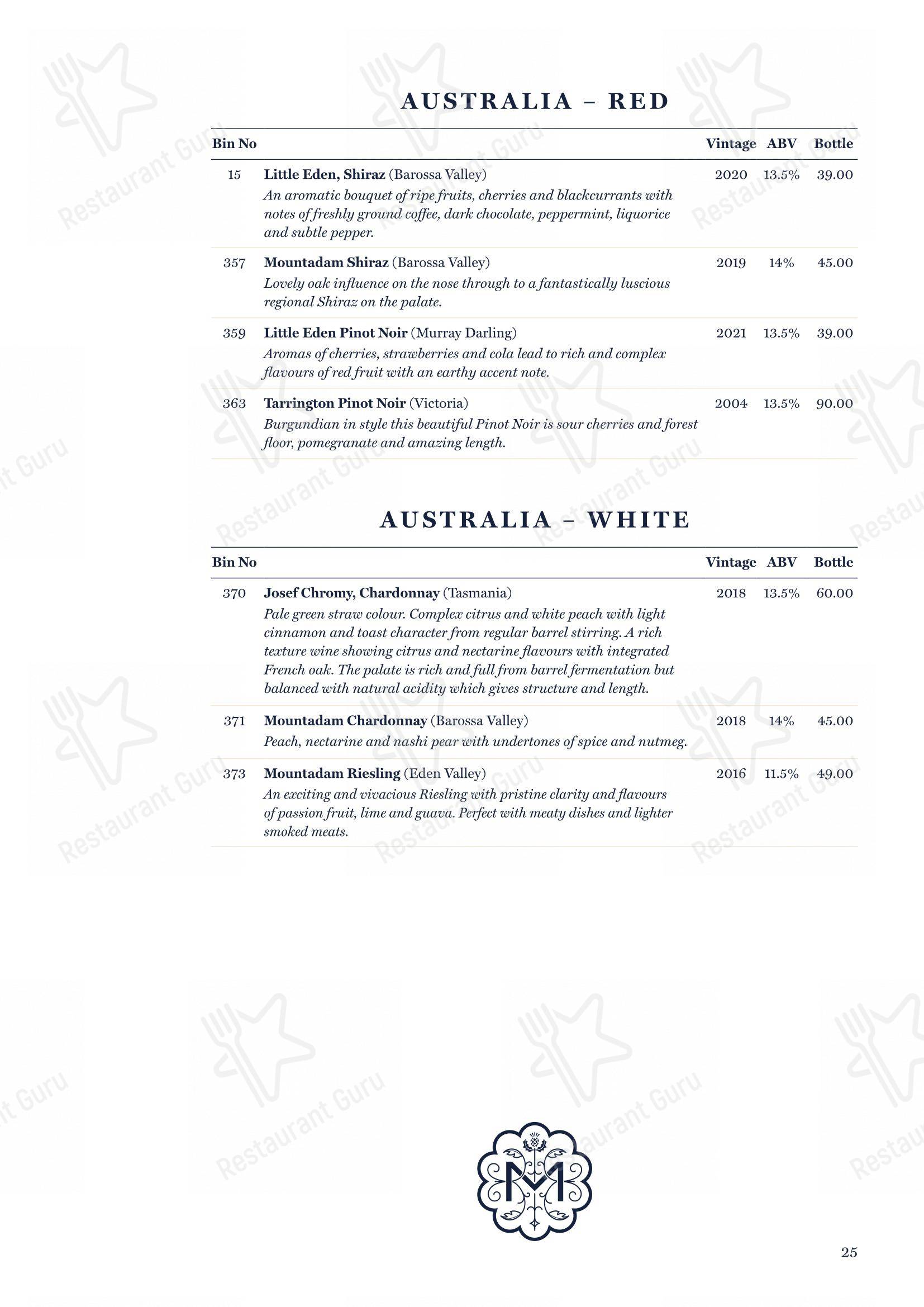 Menu at Marcliffe restaurant, Aberdeen