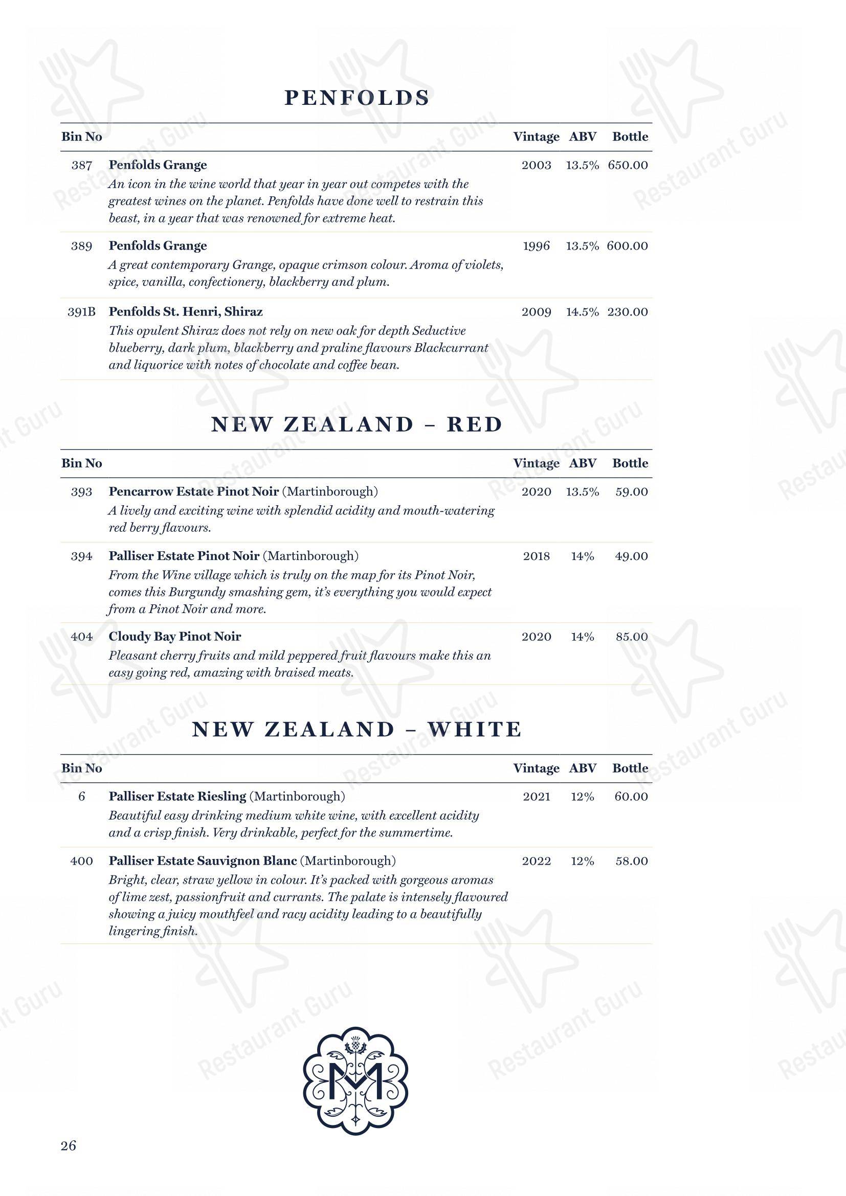 Menu at Marcliffe restaurant, Aberdeen