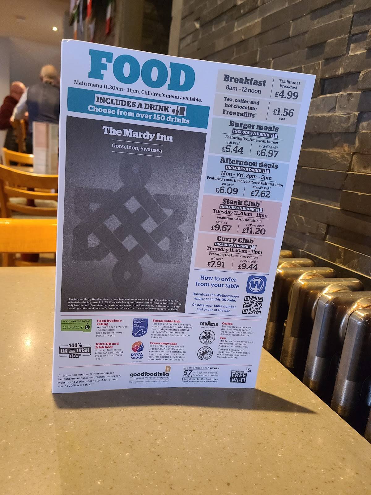 Menu at The Mardy Inn - JD Wetherspoon pub & bar, Llangennech