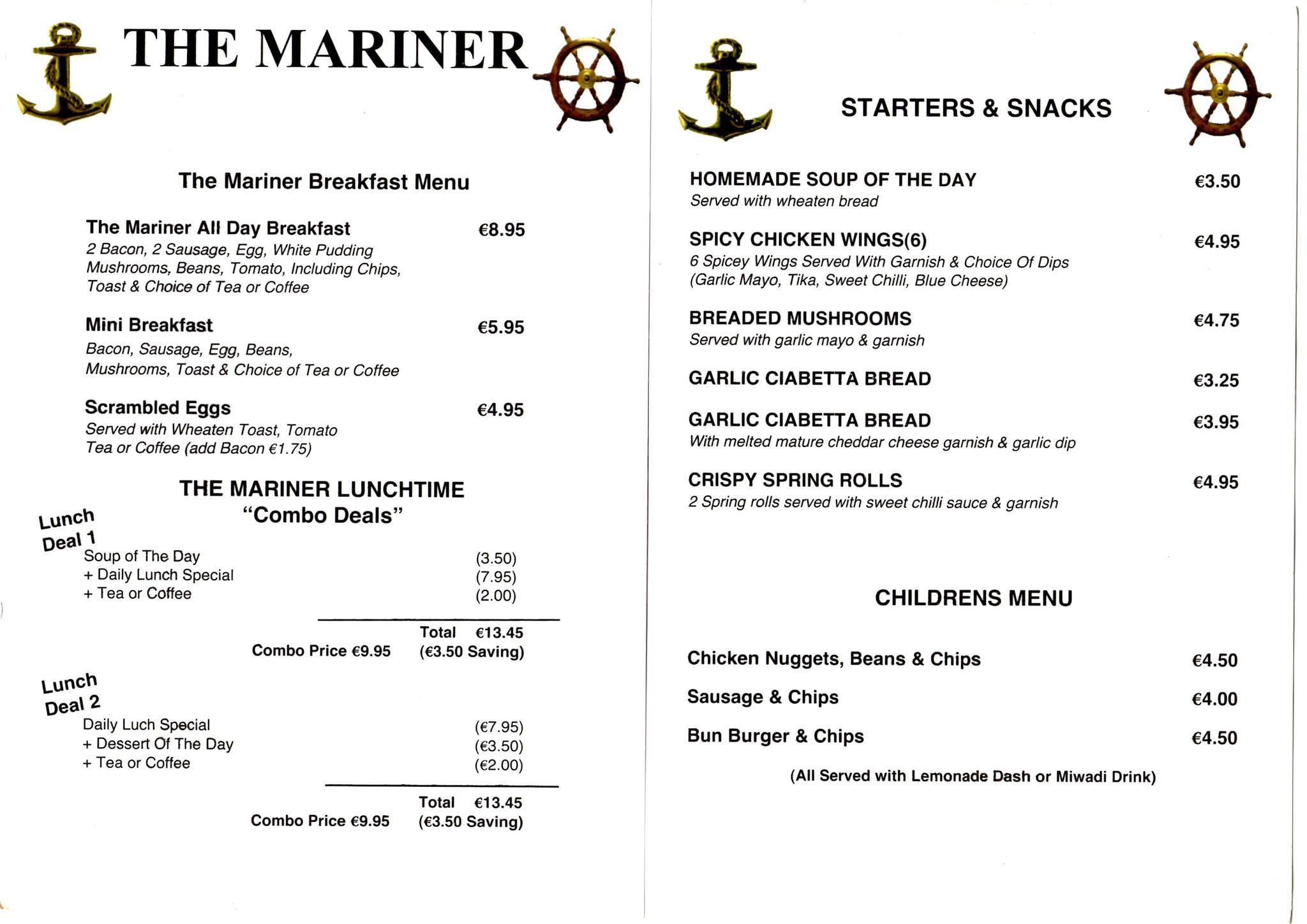 Menu at The Mariner pub & bar, Drogheda