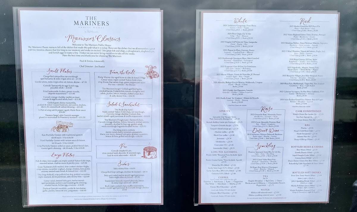 Menu at The Mariners Public House in Rock, Saint Minver Lowlands, The ...
