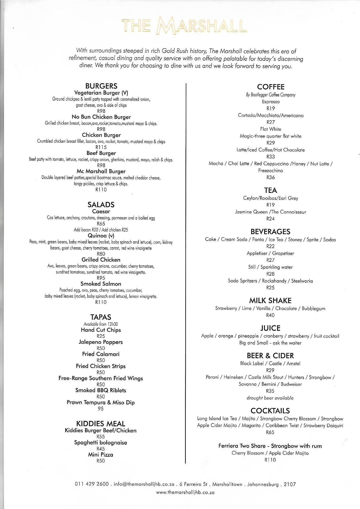 Menu at The Marshall restaurant, Johannesburg