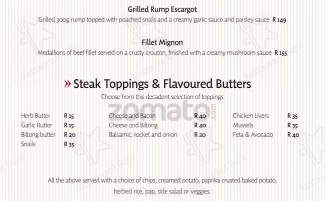 Menu at The Meat Co restaurant, Johannesburg, Gauteng