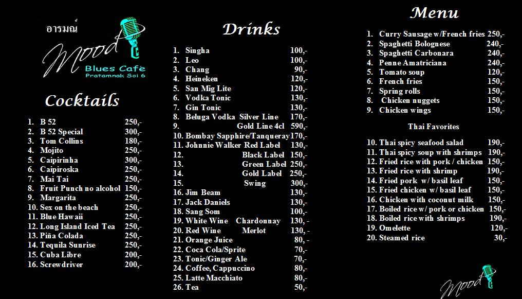 Menu at The Mood Blues Cafe, Pattaya City