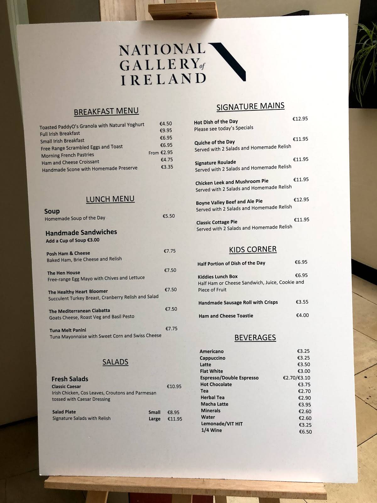Carta de The National Gallery Café and Restaurant, Dublin