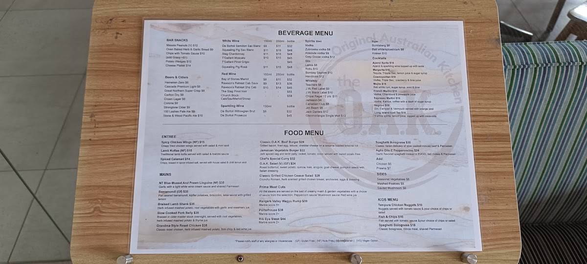 Menu at The O.A.K. - Original Australian Kitchen Darwin restaurant ...