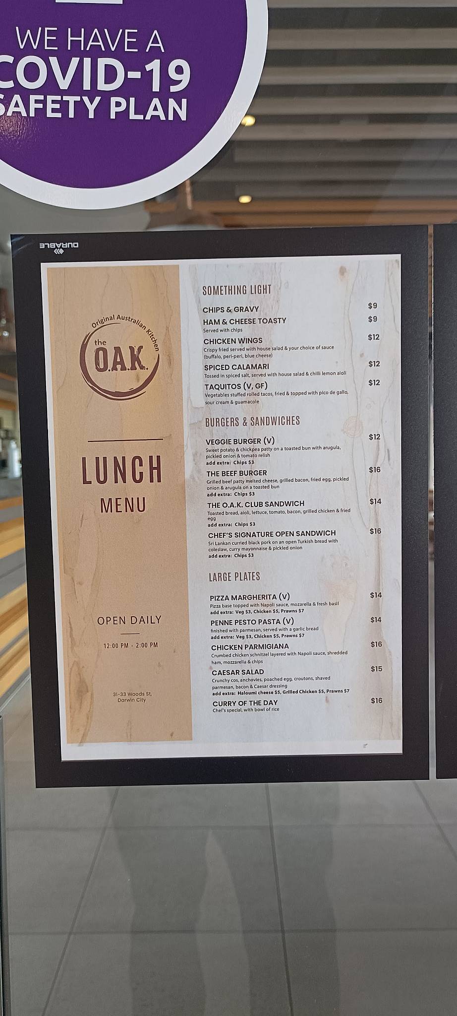 Menu at The O.A.K. - Original Australian Kitchen Darwin restaurant ...