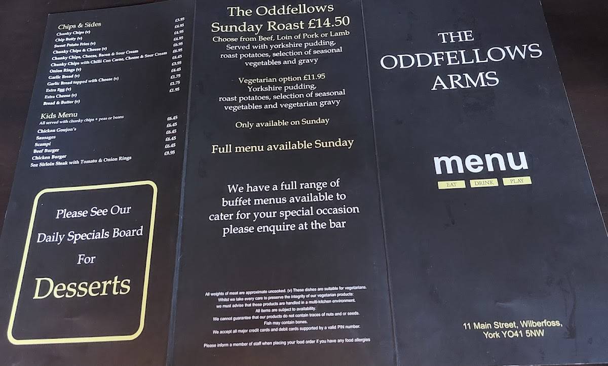 Menu at The Oddfellows Arms pub & bar, Wilberfoss