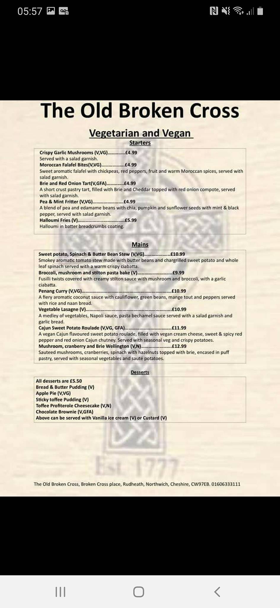 Menu at The Old Broken Cross pub & bar, Northwich