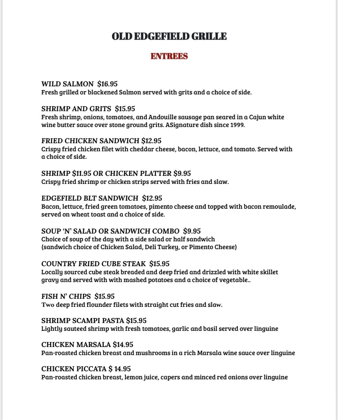 Menu at The Old Edgefield Grille restaurant, Edgefield