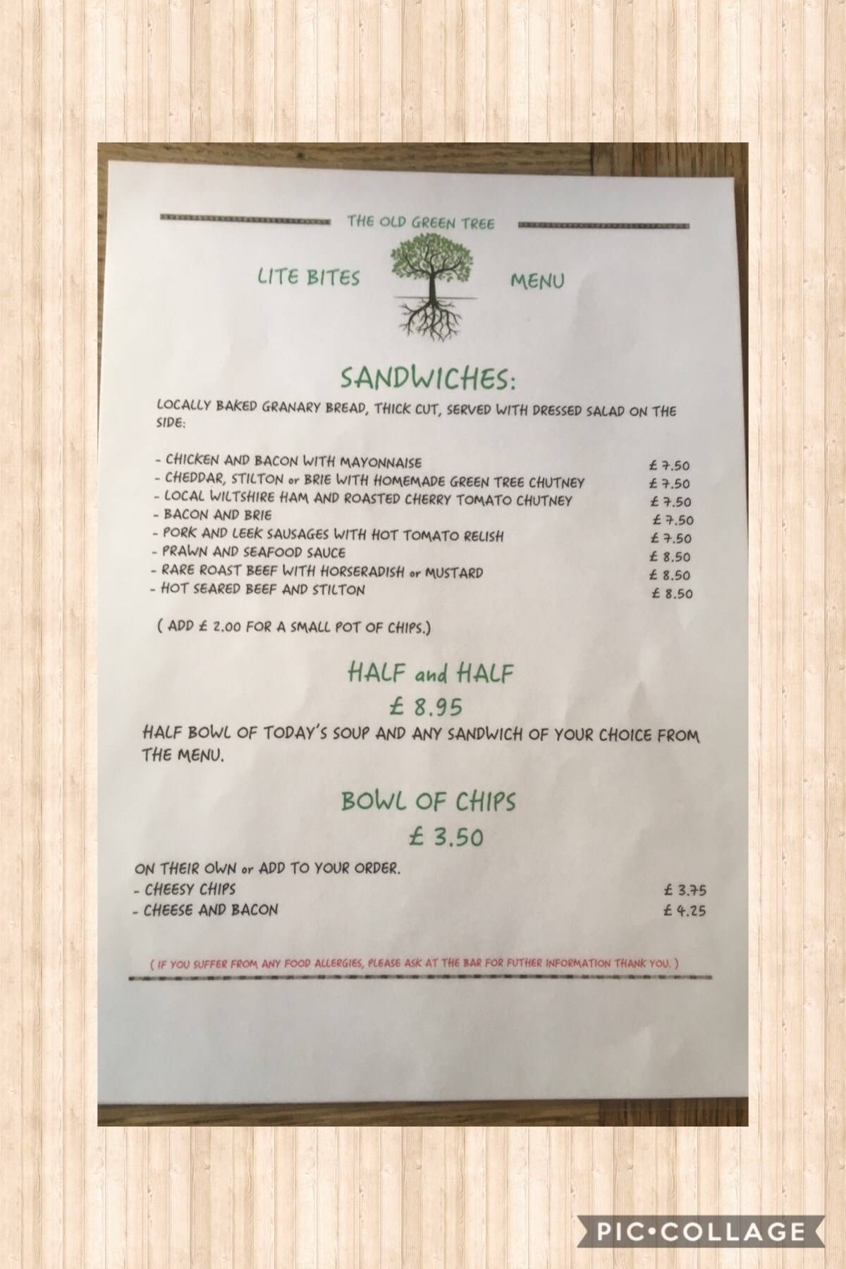 Menu at The Old Green Tree pub & bar, Bath