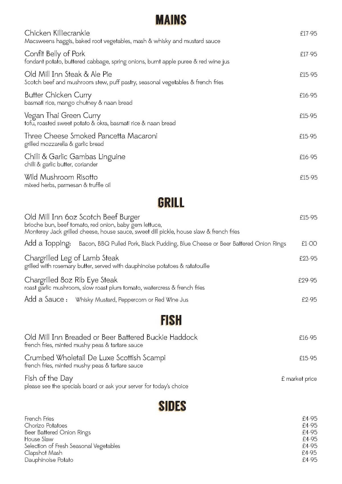 Menu at The Old Mill Inn restaurant, Pitlochry